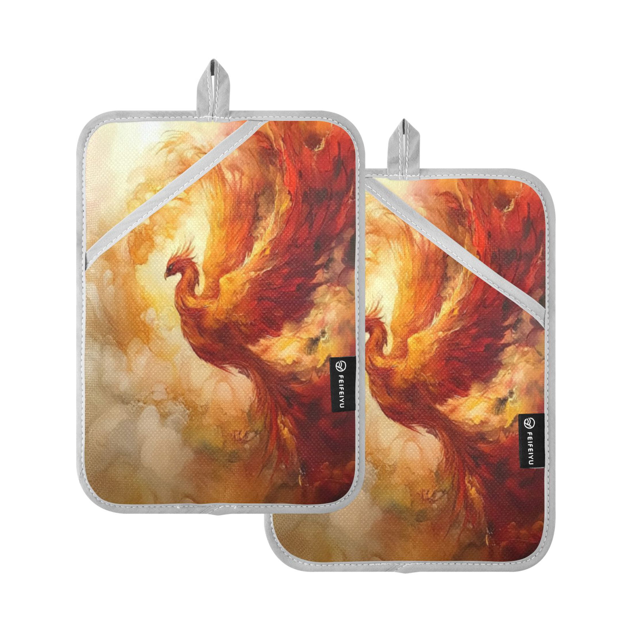 Qxltty Fire Phoenix Pattern Oven Mitts 2-Pack Heat Resistant Quilted ...