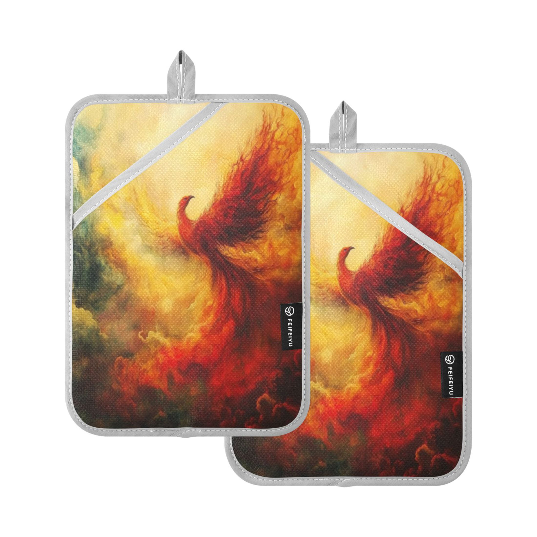 Qxltty Fire Phoenix Patterns Oven Mitts 2-Pack Heat Resistant Quilted ...