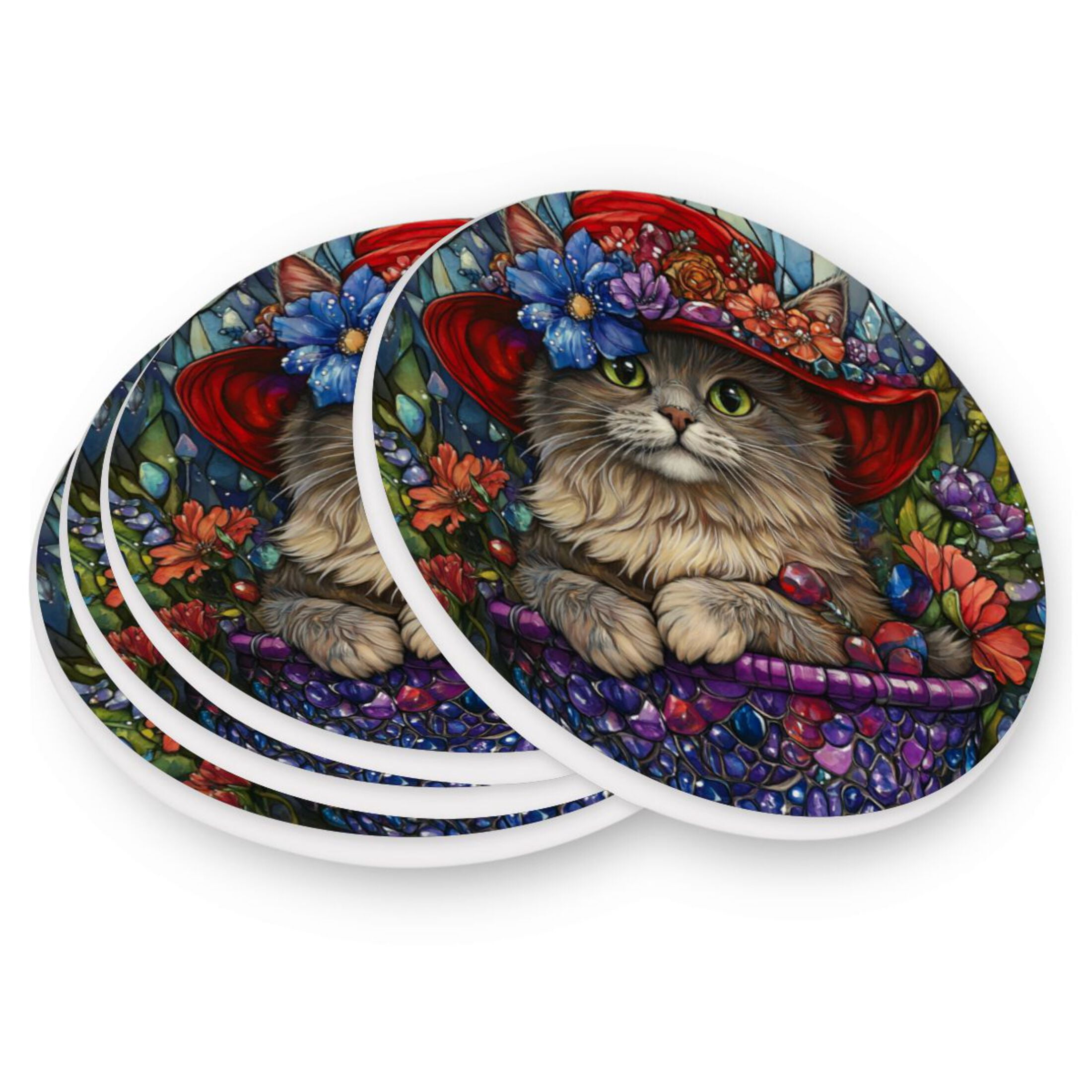 Qxltty Four Pcs Drink Coasters Bonneted Kitty Ceramic Round Coaster ...