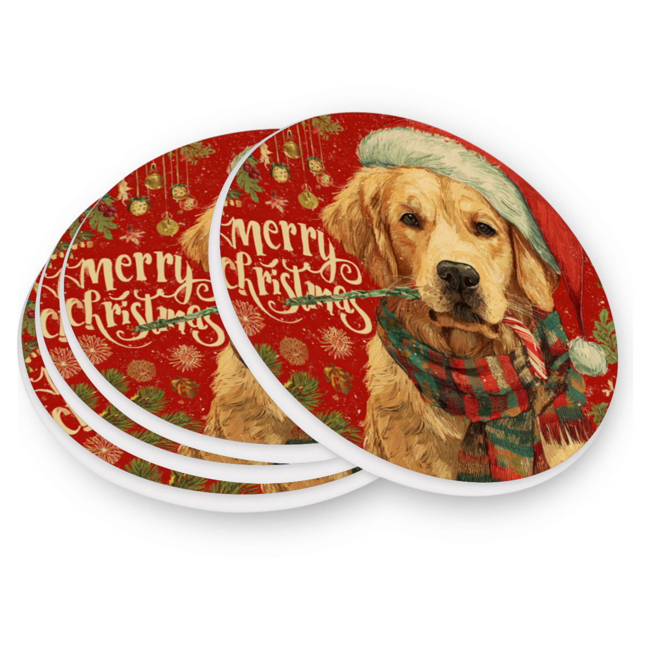 Qxltty Four Pcs Drink Coasters Cute Golden Retriever Dog Ceramic Round ...