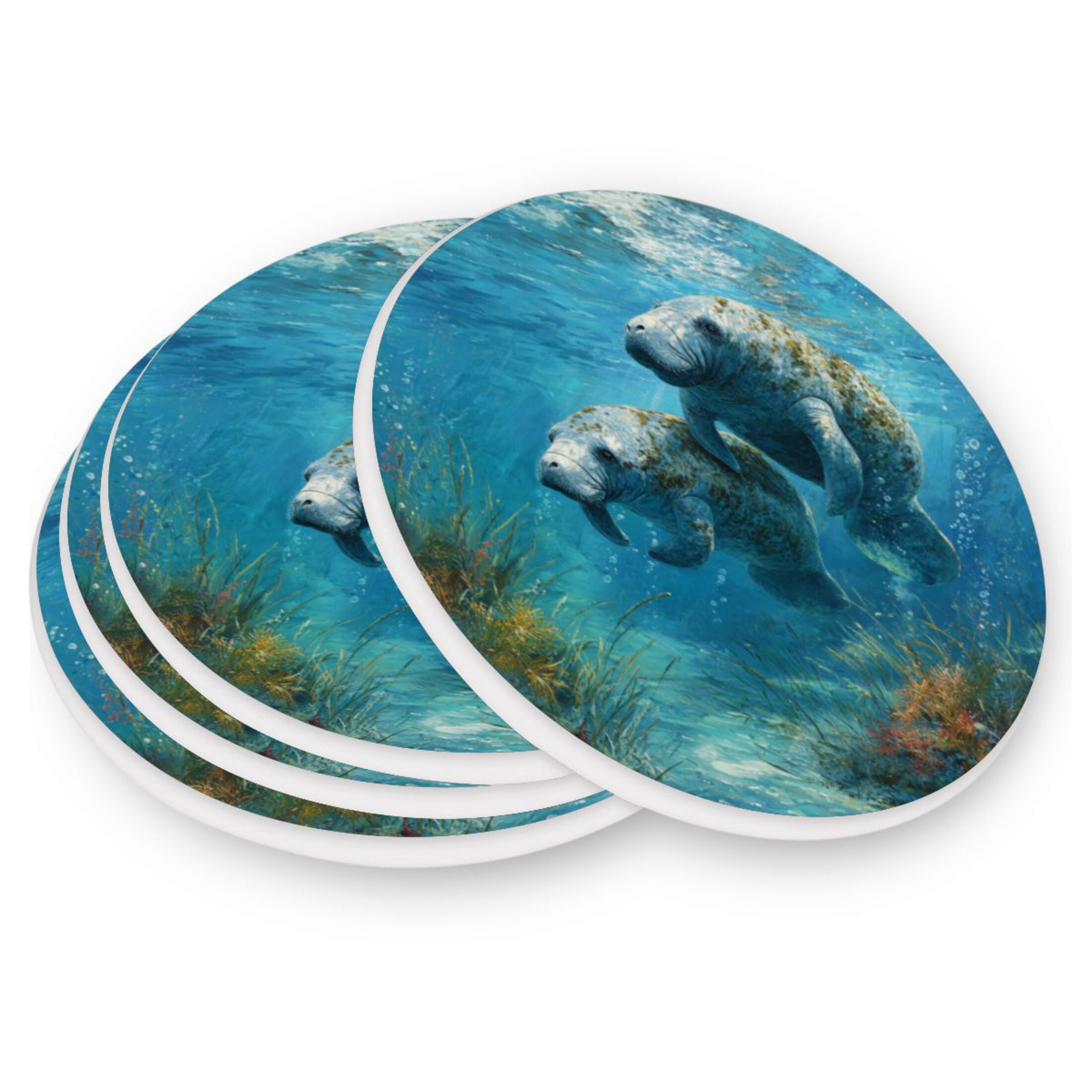 Qxltty Four Pcs Drink Coasters Cute Manatee Ceramic Round Coaster ...