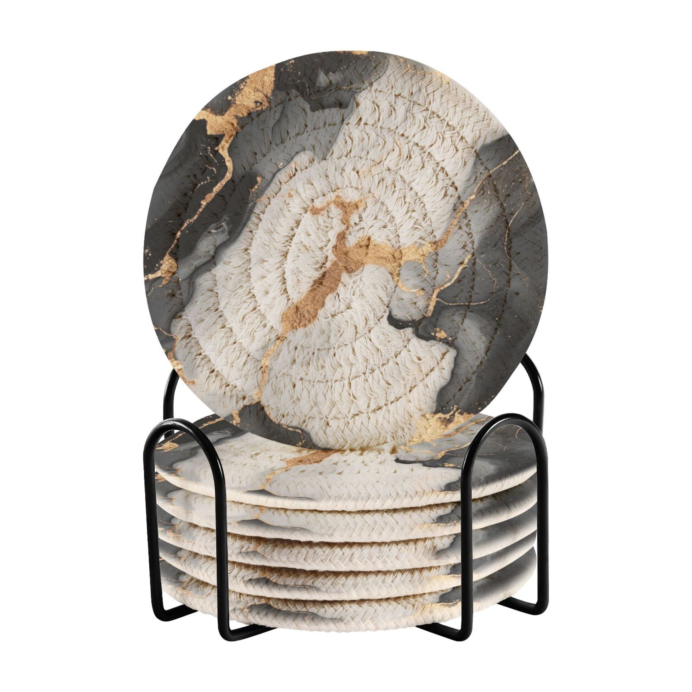 Qxltty Gilt Black Marble Drink Coasters with Holder 6pcs Handmade Woven ...