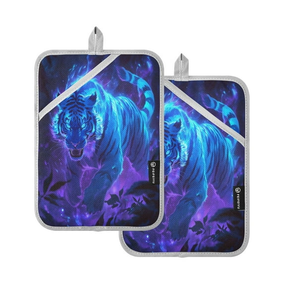Qxltty Glowing Blue Tiger Oven Mitts 2-Pack Heat Resistant Quilted Oven ...