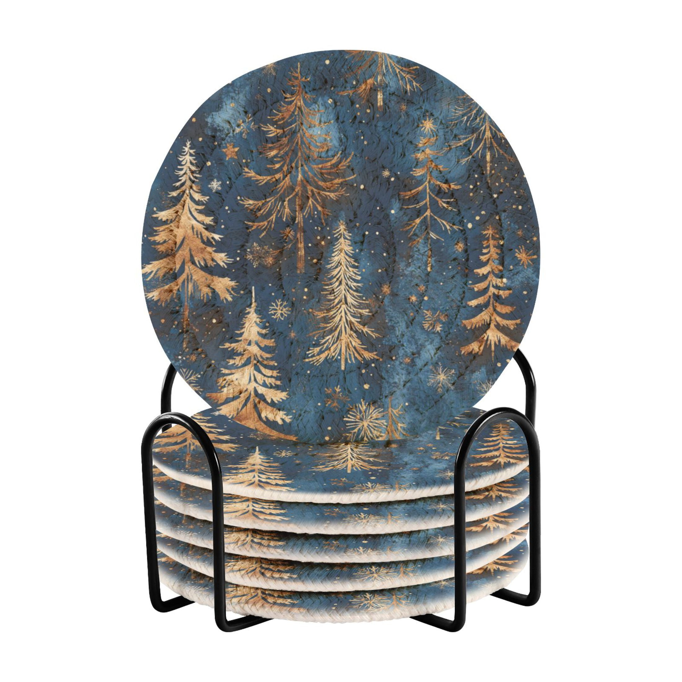 Qxltty Gold Pine Trees Drink Coasters with Holder 6pcs Handmade Woven ...