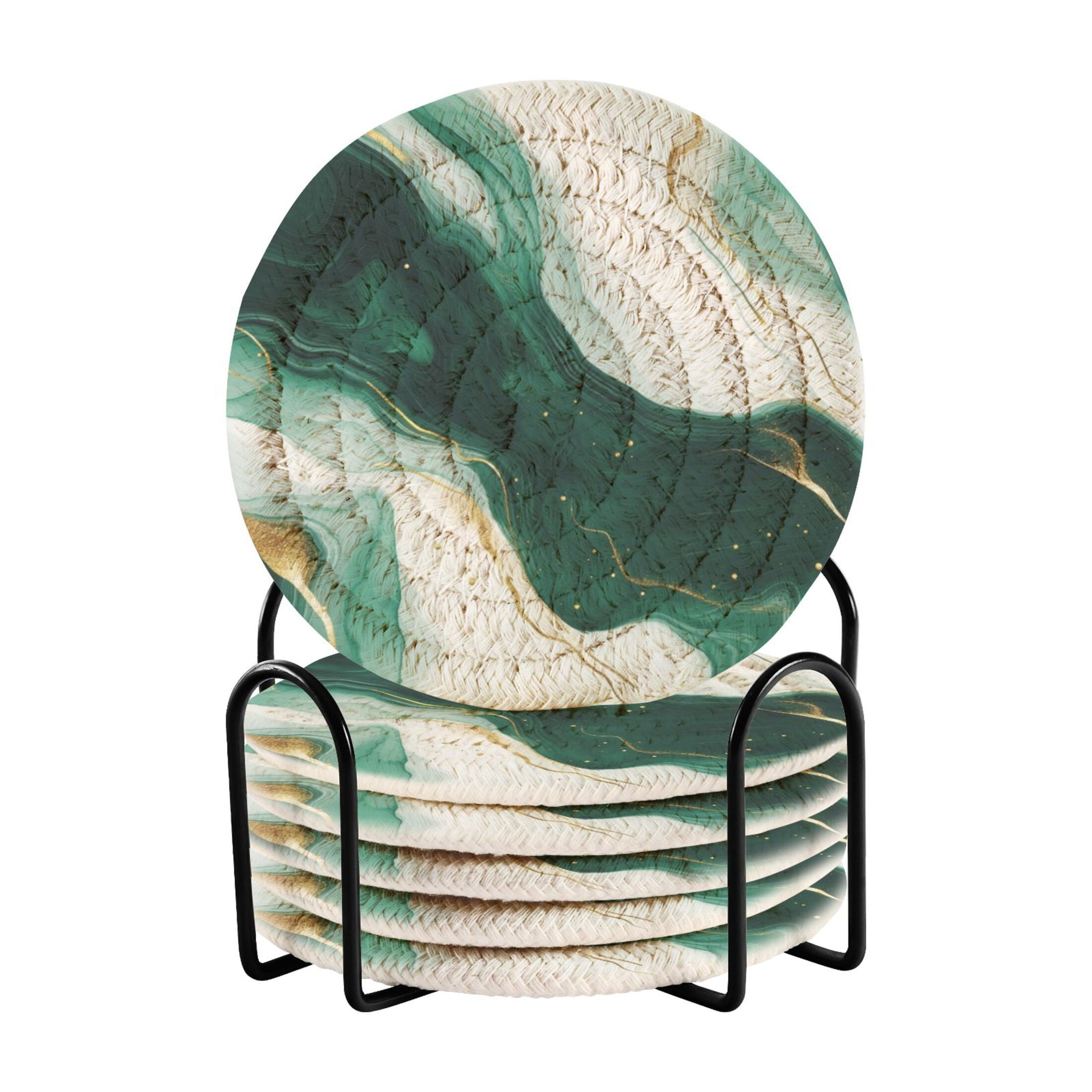 Qxltty Green Gilt Texture Drink Coasters with Holder 6pcs Handmade ...