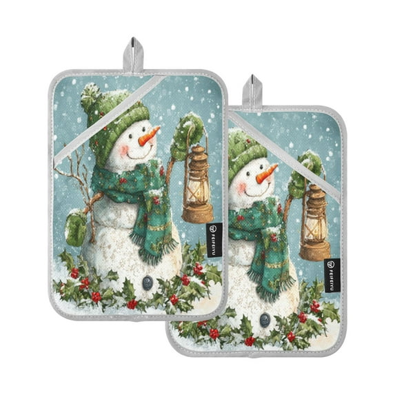 Qxltty Green Outfit Snowman Oven Mitts 2-Pack Heat Resistant Quilted ...
