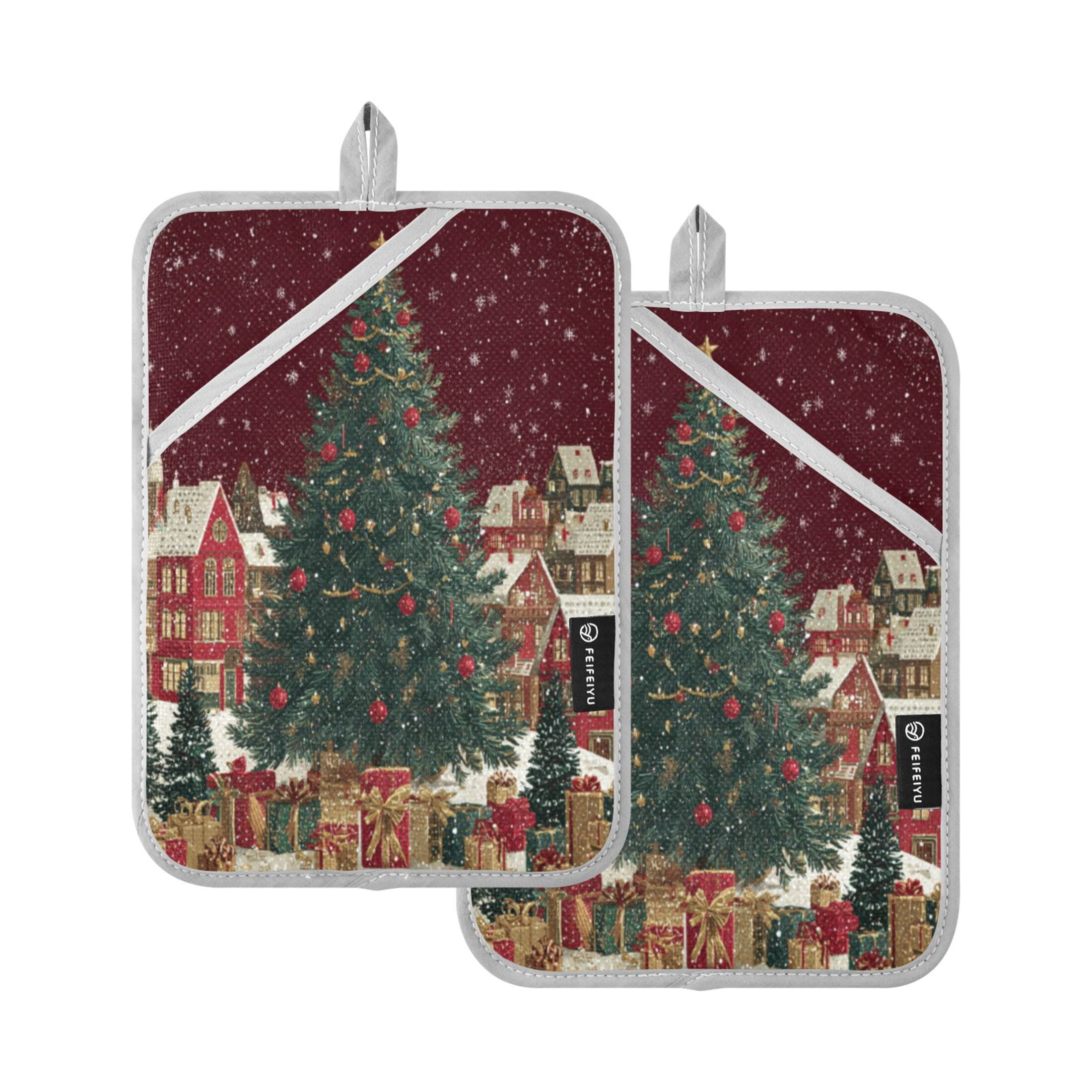 Qxltty Large Christmas Tree Oven Mitts 2-Pack Heat Resistant Quilted ...