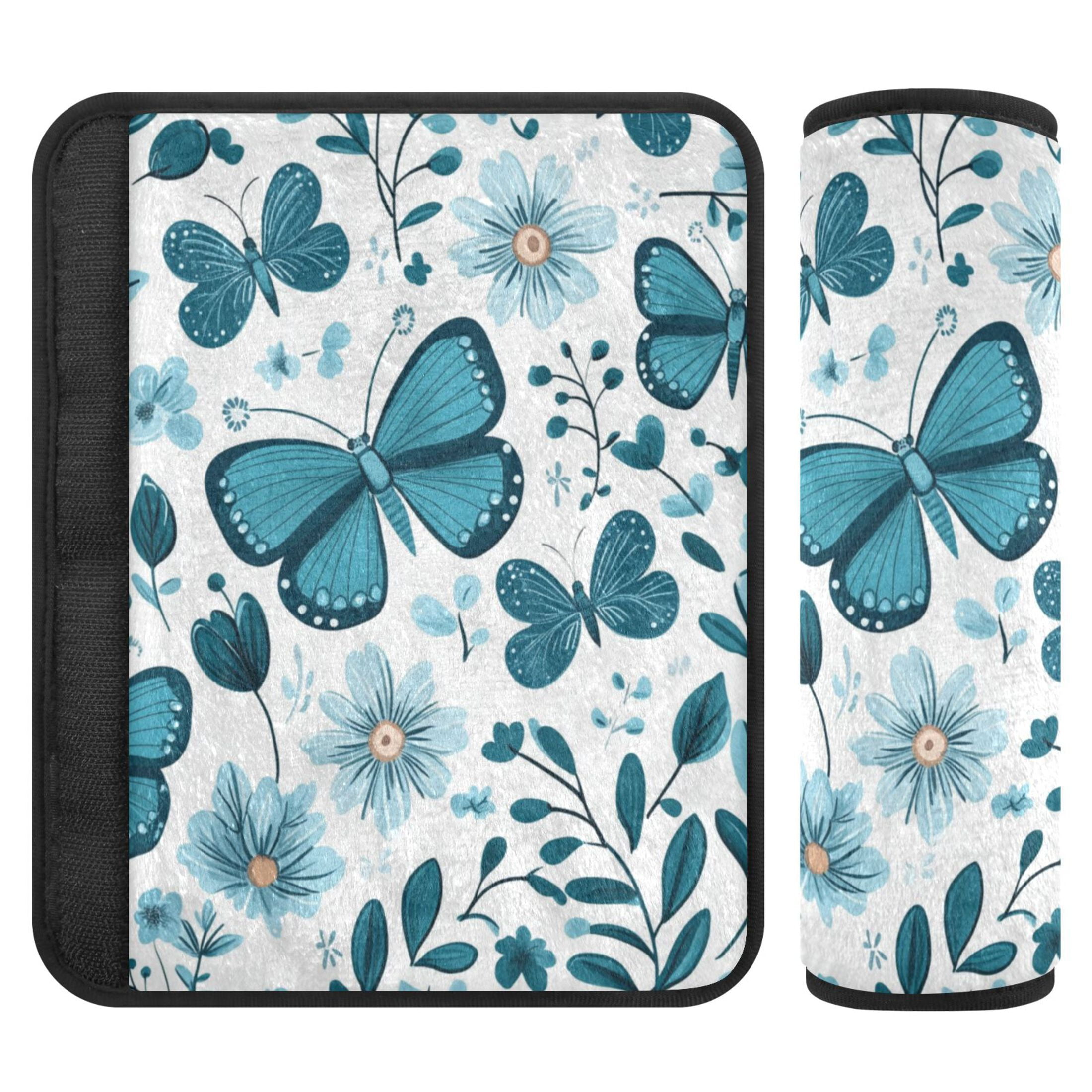 Qxltty Light Blue Butterflies Flowers and Leaves Car Seat Strap Pads ...