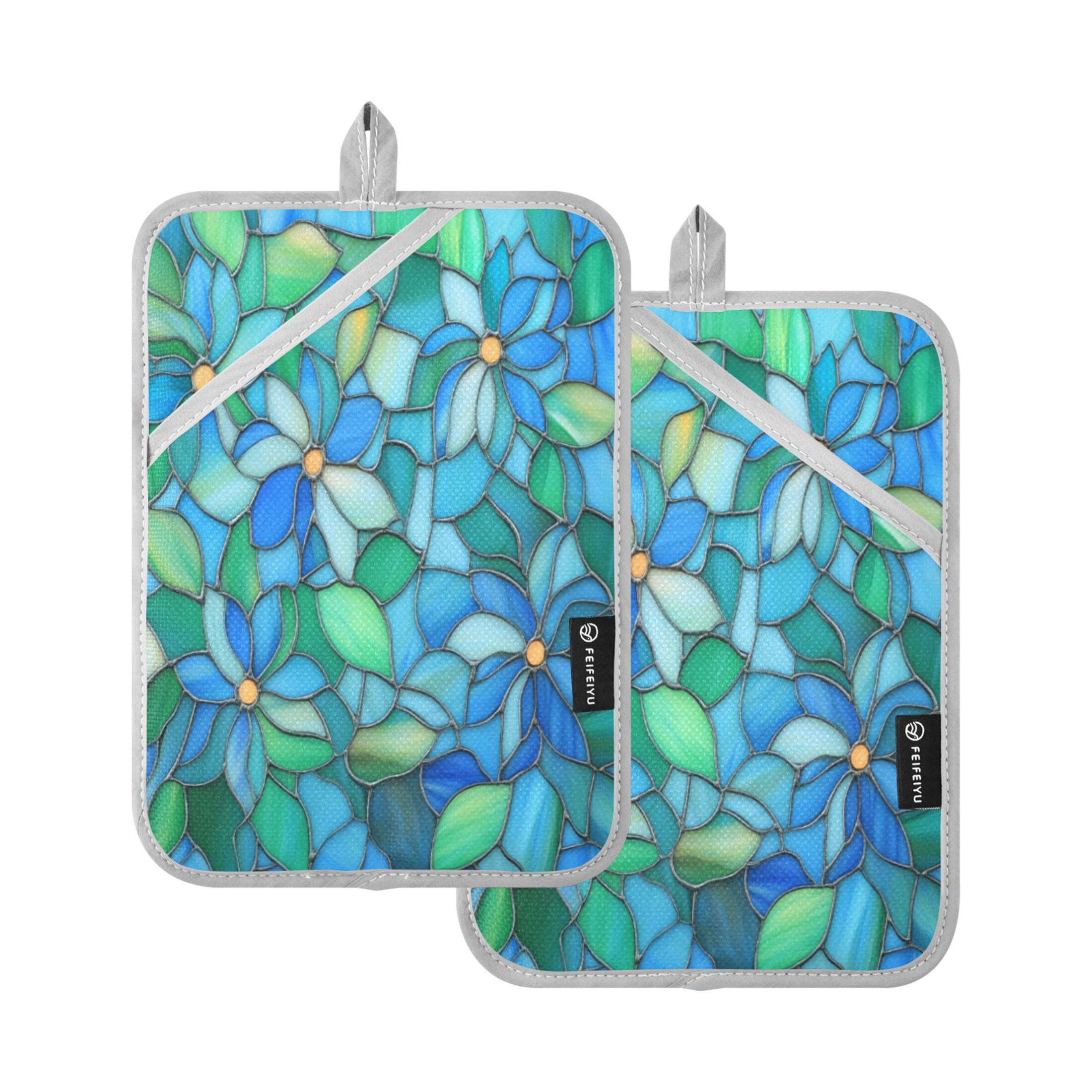 Qxltty Light Blue Green Glass Oven Mitts 2-Pack Heat Resistant Quilted ...