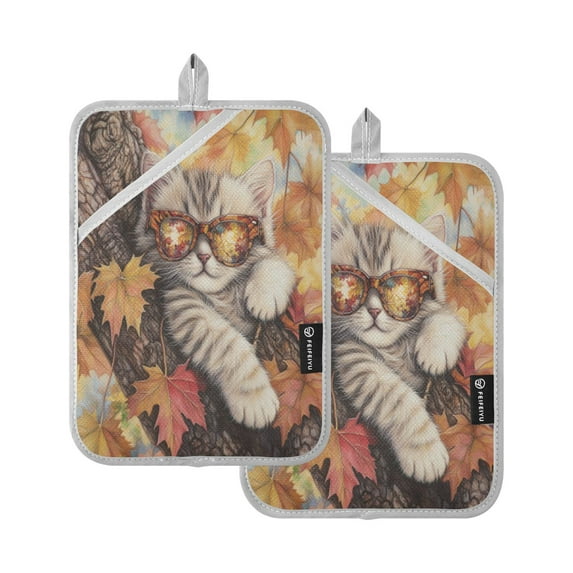 Qxltty Maple Leaf Cat Oven Mitts 2-Pack Heat Resistant Quilted Oven ...