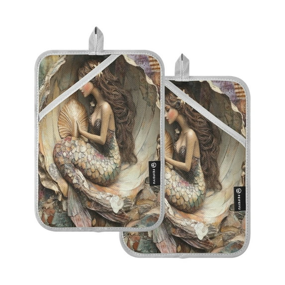 Qxltty Mermaid Inside The Shell Oven Mitts 2-Pack Heat Resistant ...