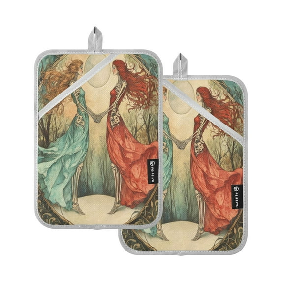 Qxltty Mirror Image Bone Lady Oven Mitts 2-Pack Heat Resistant Quilted ...