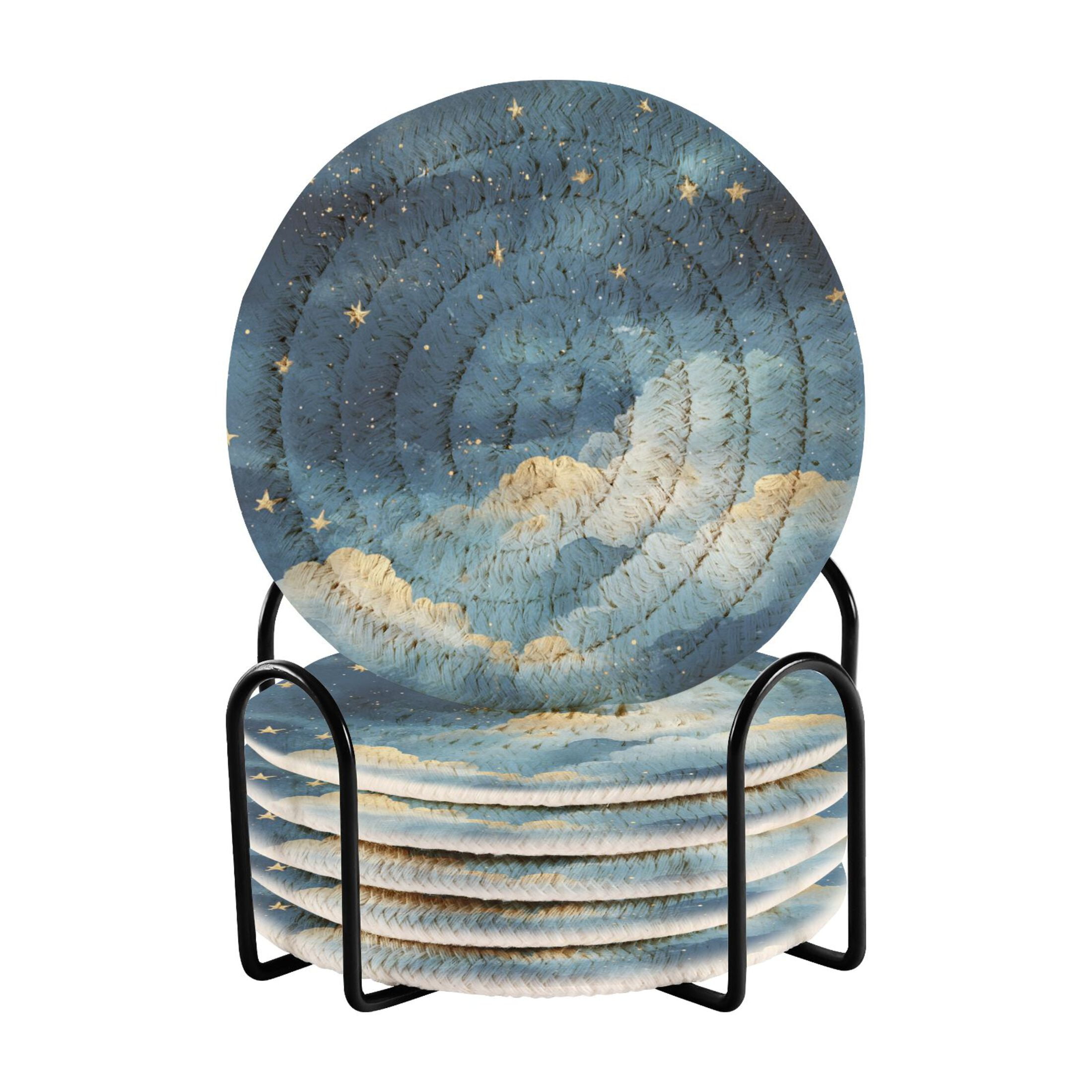 Qxltty Nice Starry Sky Drink Coasters with Holder 6pcs Handmade Woven ...