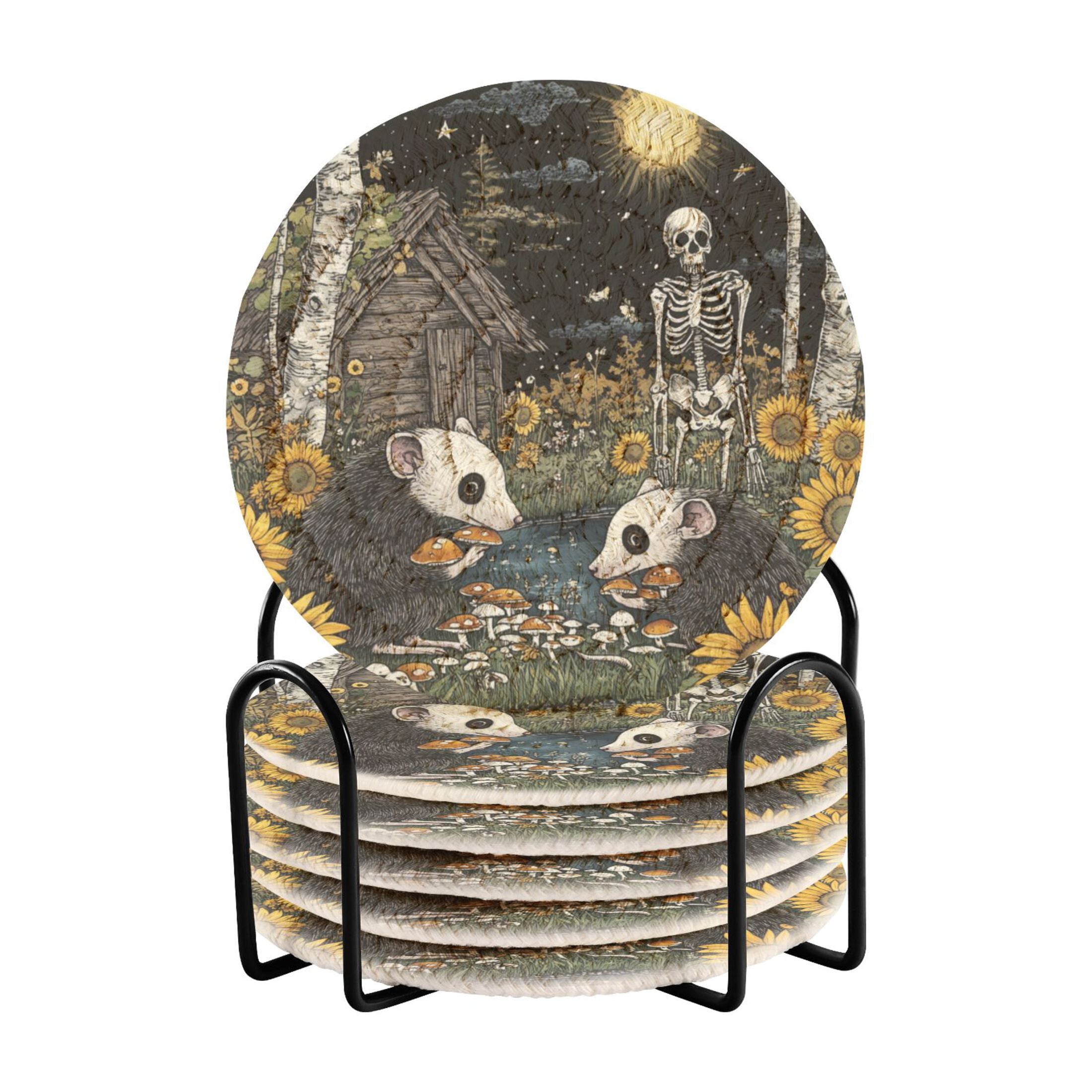 Qxltty Opossum Mushroom Drink Coasters with Holder 6pcs Handmade Woven ...