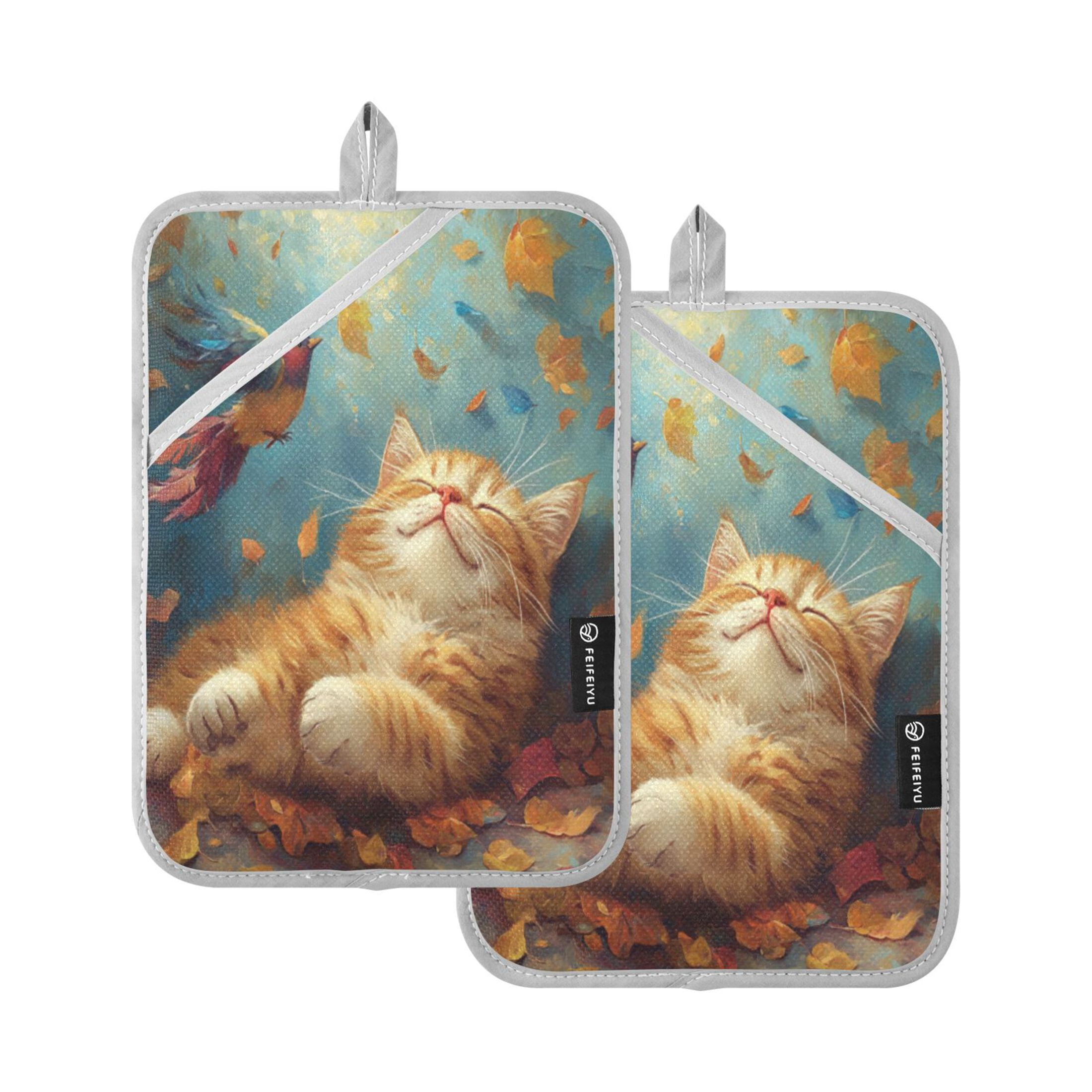 Qxltty Orange Cat Leaf Fall Oven Mitts 2-Pack Heat Resistant Quilted ...