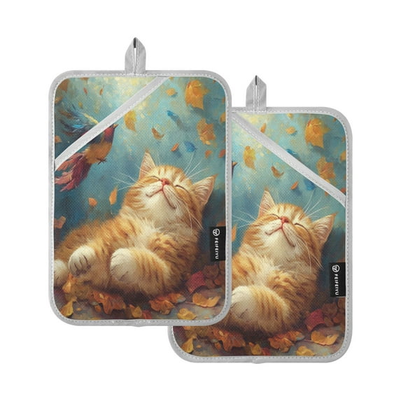 Qxltty Orange Cat Leaf Fall Oven Mitts 2-Pack Heat Resistant Quilted ...