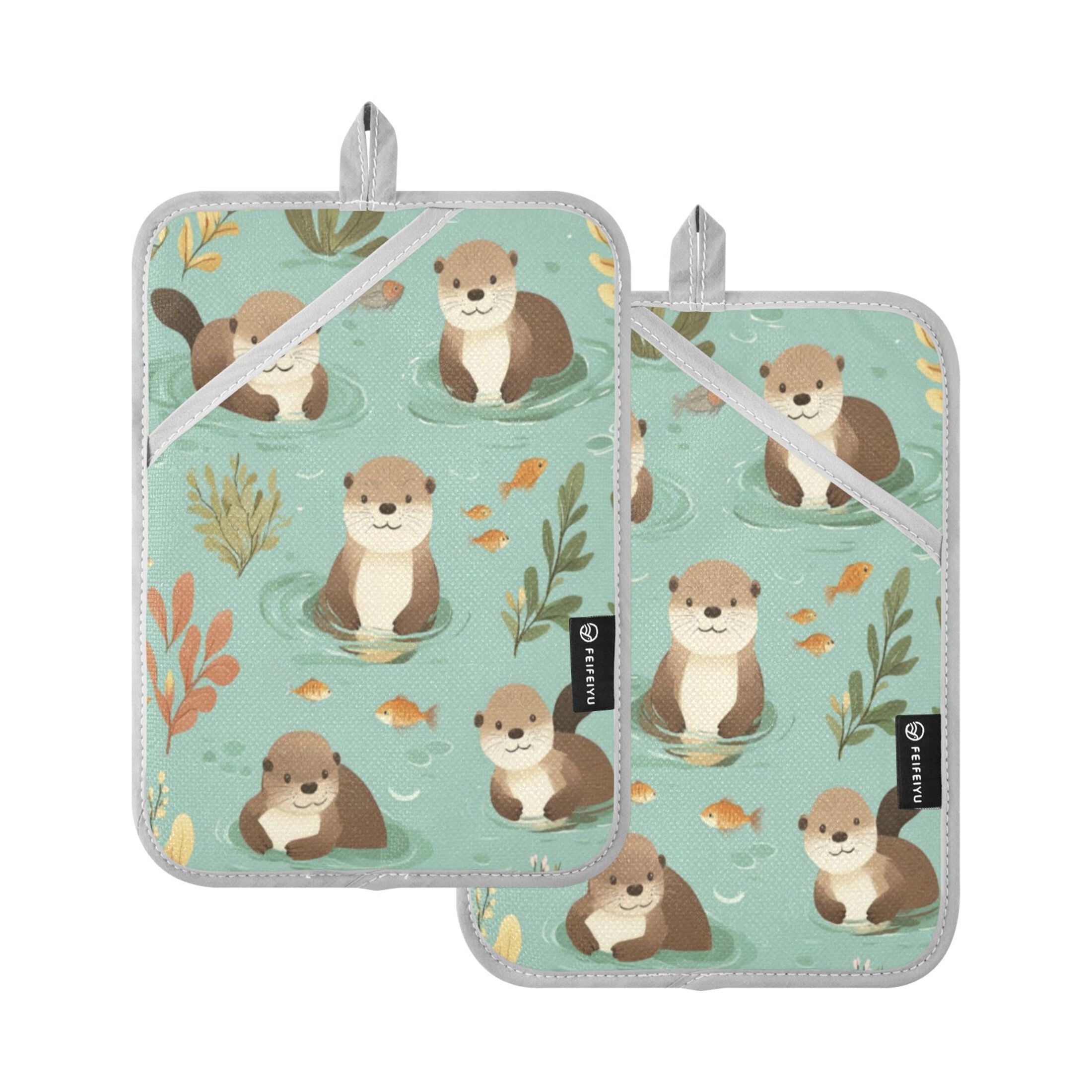 Qxltty Otter Fish Seaweed Oven Mitts 2-Pack Heat Resistant Quilted Oven ...