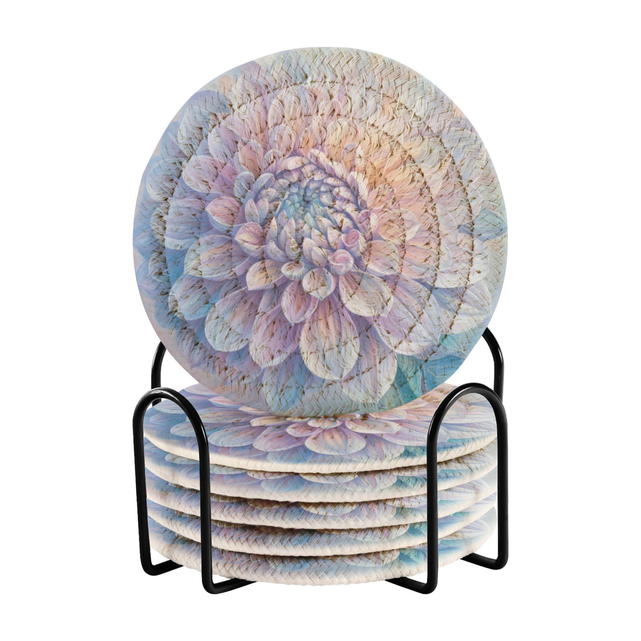 Qxltty Pastel Colored Dahlia Drink Coasters with Holder 6pcs Handmade ...