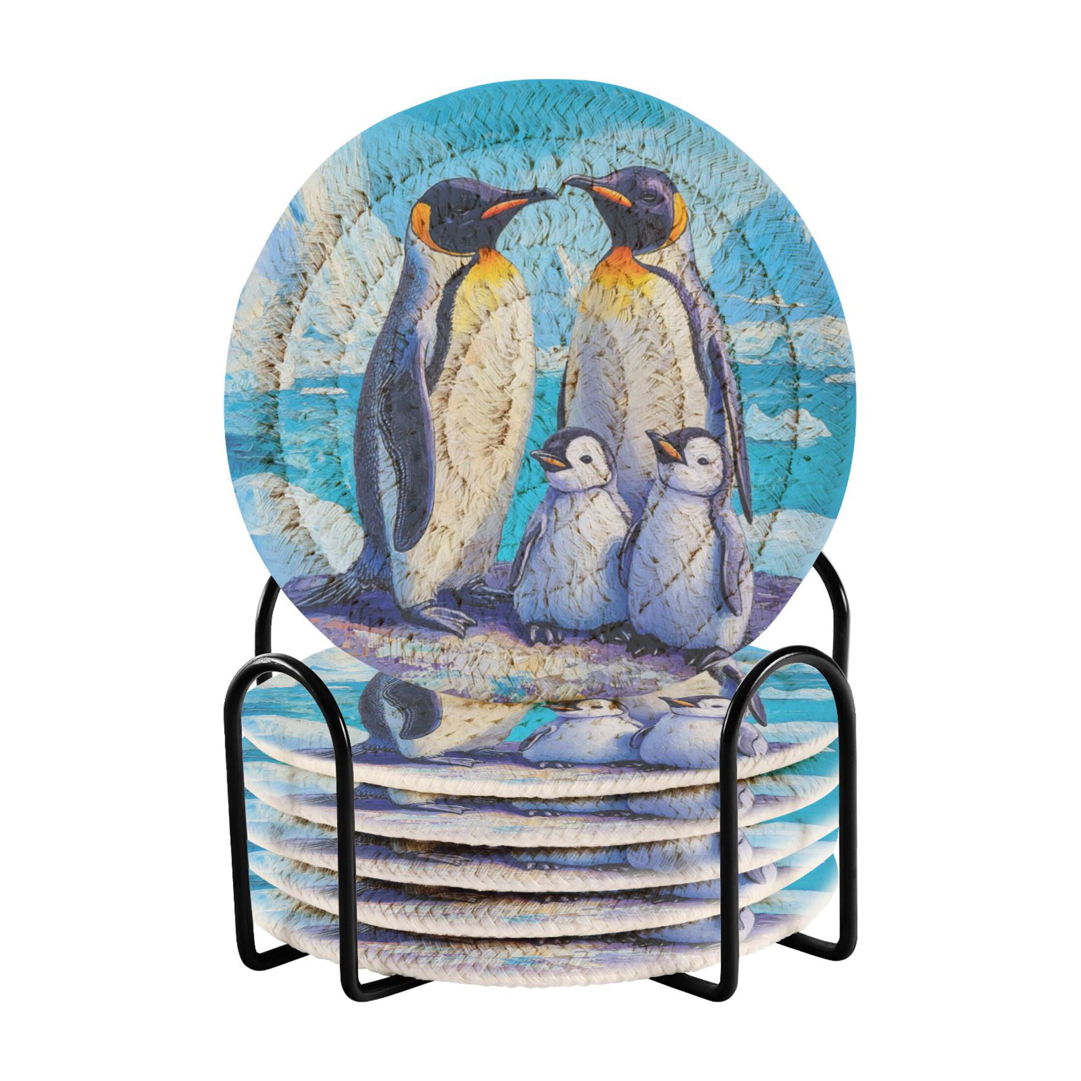 Qxltty Penguin Family Pattern Drink Coasters with Holder 6pcs Handmade ...