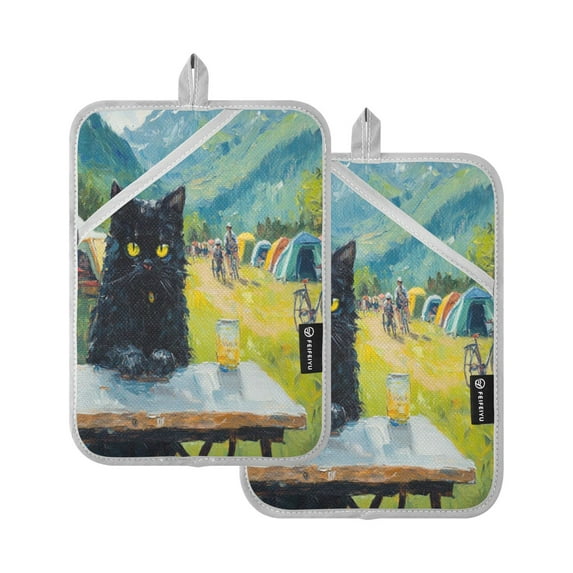 Qxltty Picnic Black Cat Oven Mitts 2-Pack Heat Resistant Quilted Oven ...