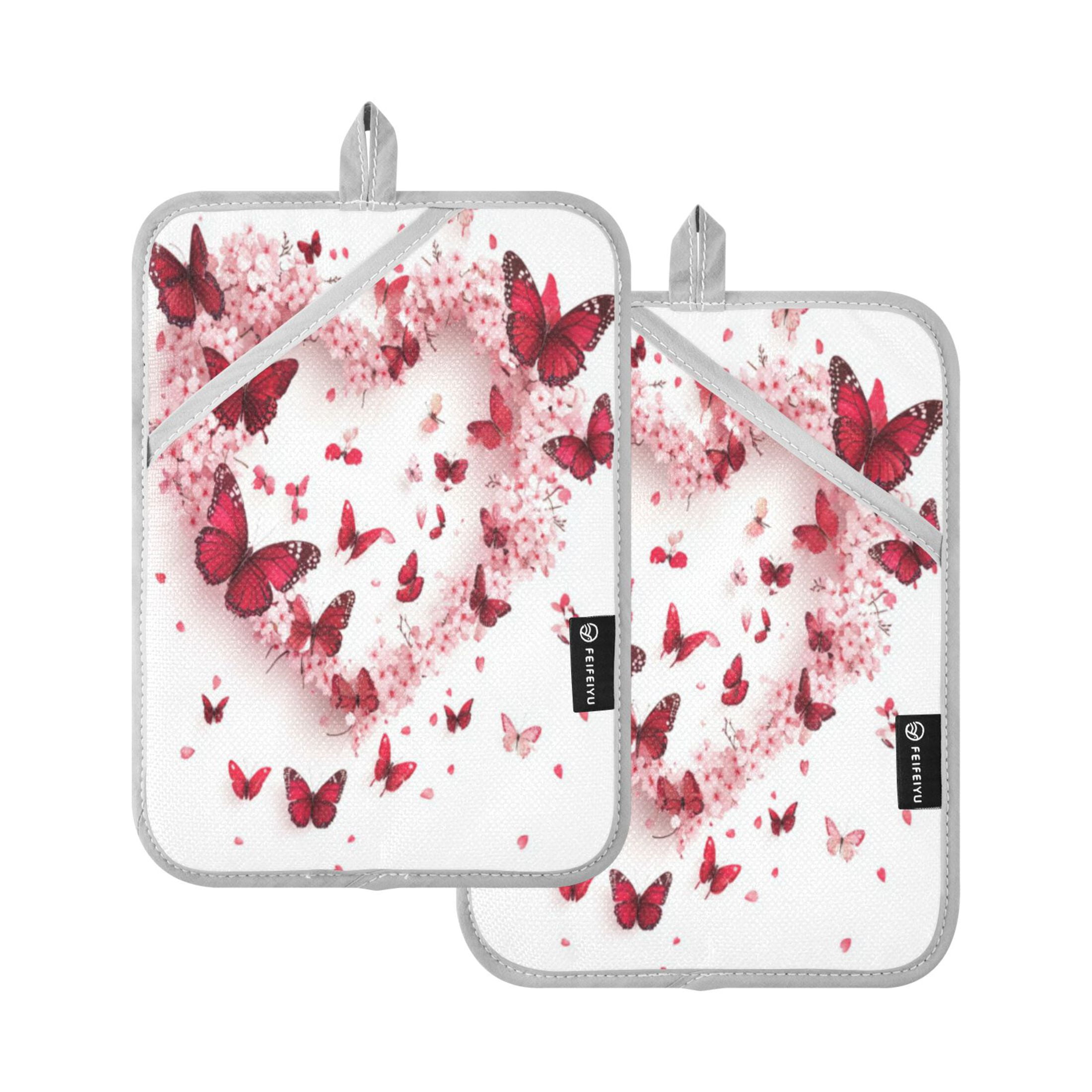 Qxltty Red Butterfly Pink Floral Oven Mitts 2-Pack Heat Resistant ...