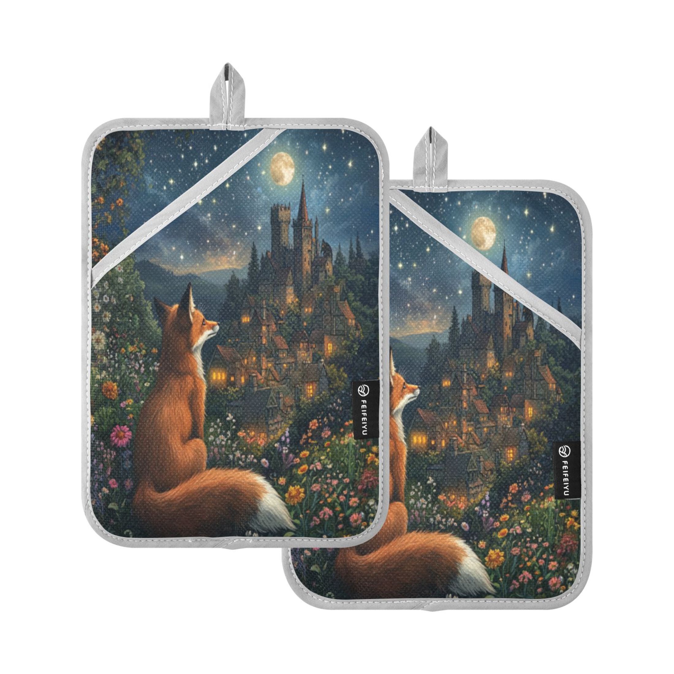 Qxltty Red Fox Journey Oven Mitts 2-Pack Heat Resistant Quilted Oven ...