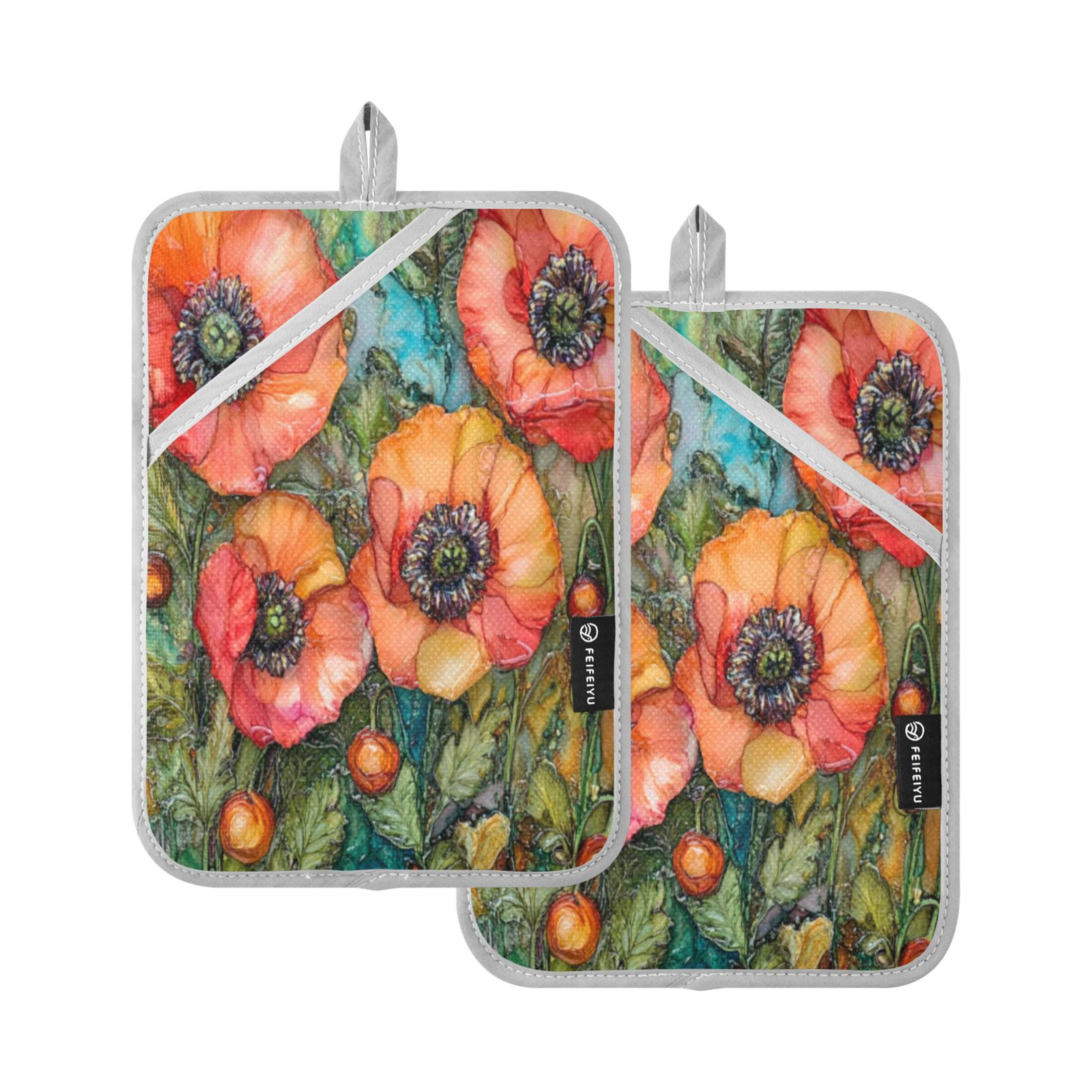 Qxltty Red Poppies Oven Mitts 2-Pack Heat Resistant Quilted Oven Gloves ...