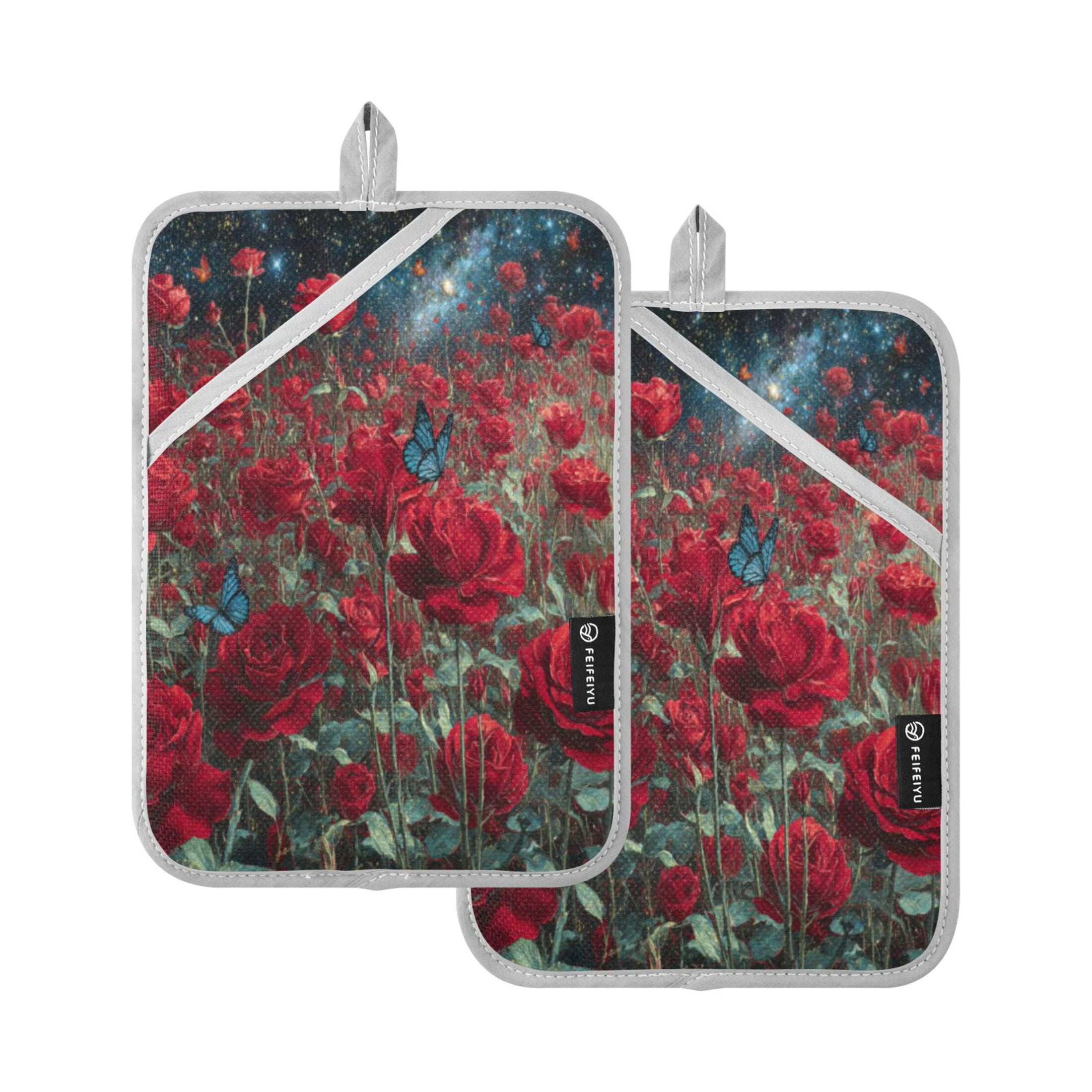 Qxltty Red Roses Oven Mitts 2-Pack Heat Resistant Quilted Oven Gloves ...