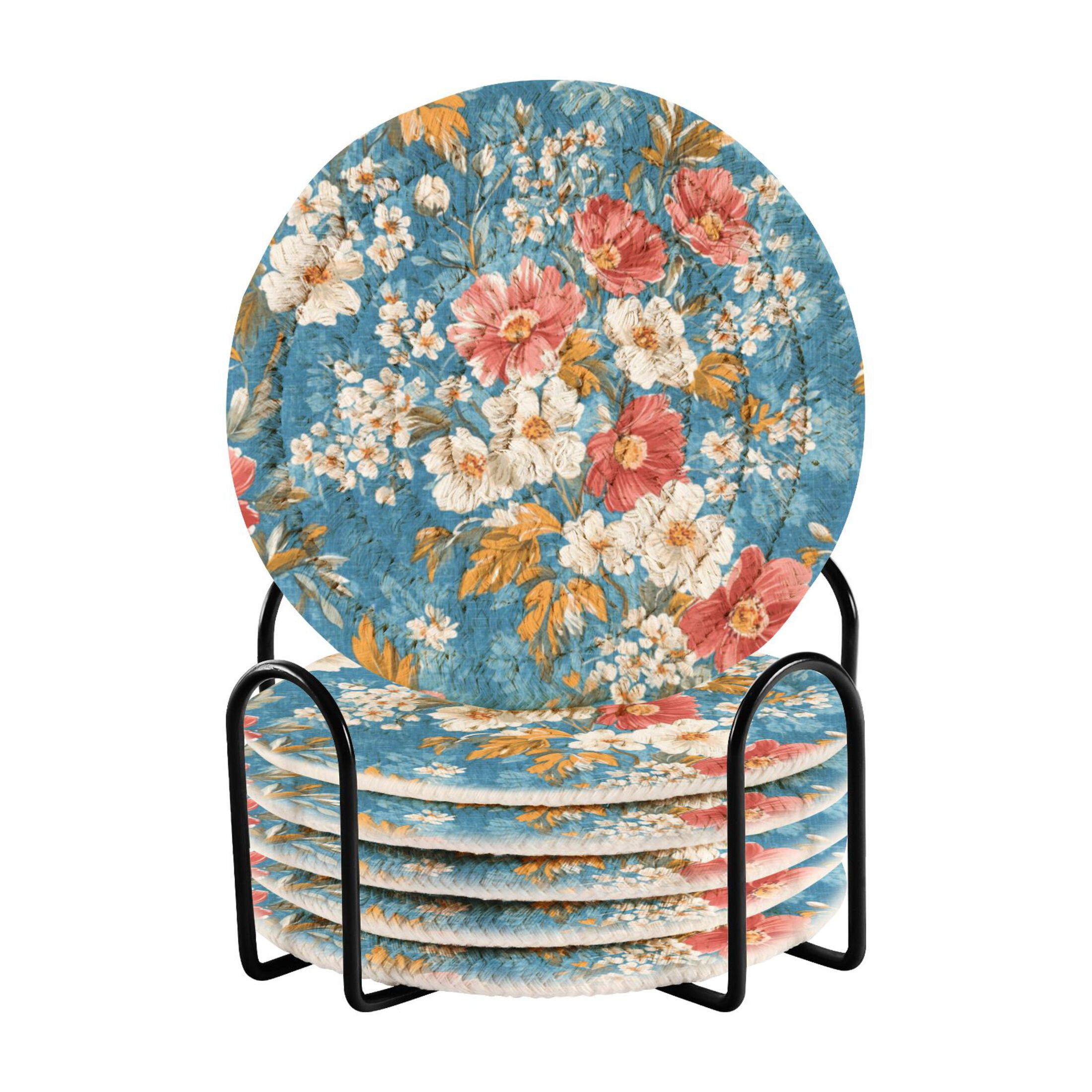 Qxltty Red and White Nostalgic Flowers Drink Coasters with Holder 6pcs ...