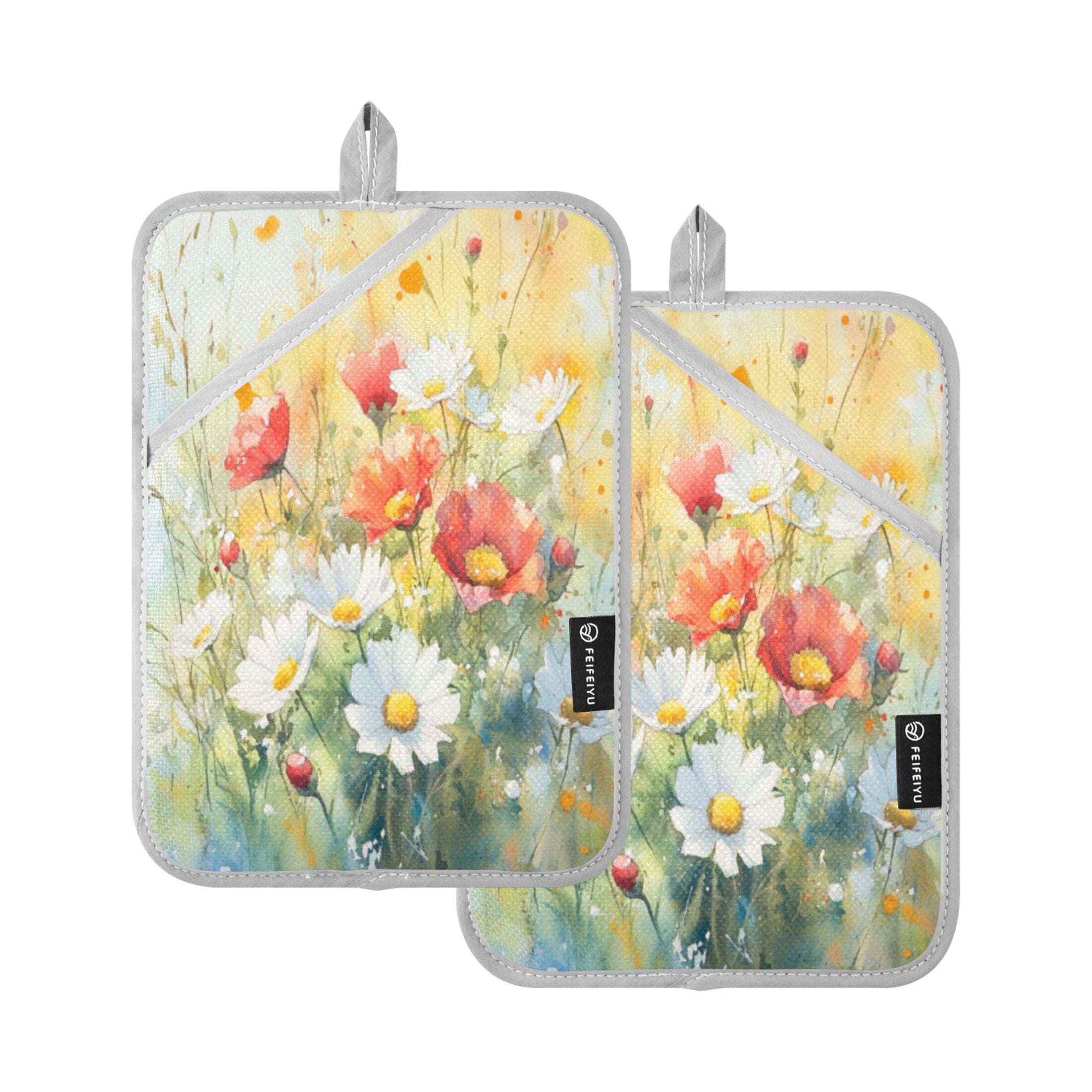 Qxltty Red and White Wildflowers Oven Mitts 2-Pack Heat Resistant ...