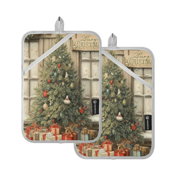 Qxltty Retro Christmas Tree Oven Mitts 2-Pack Heat Resistant Quilted ...