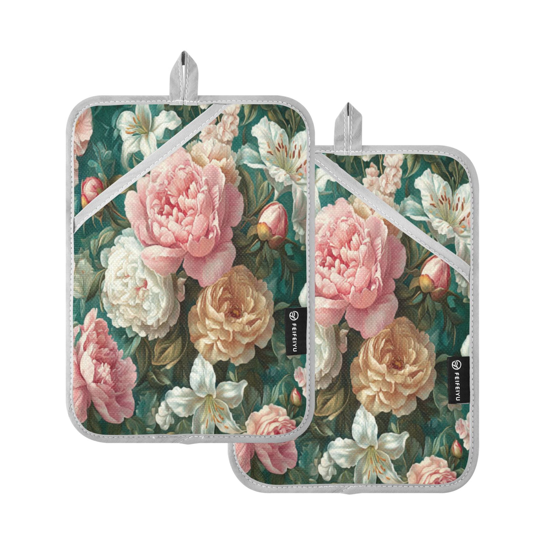 Qxltty Rococo Floral Oven Mitts 2-Pack Heat Resistant Quilted Oven ...