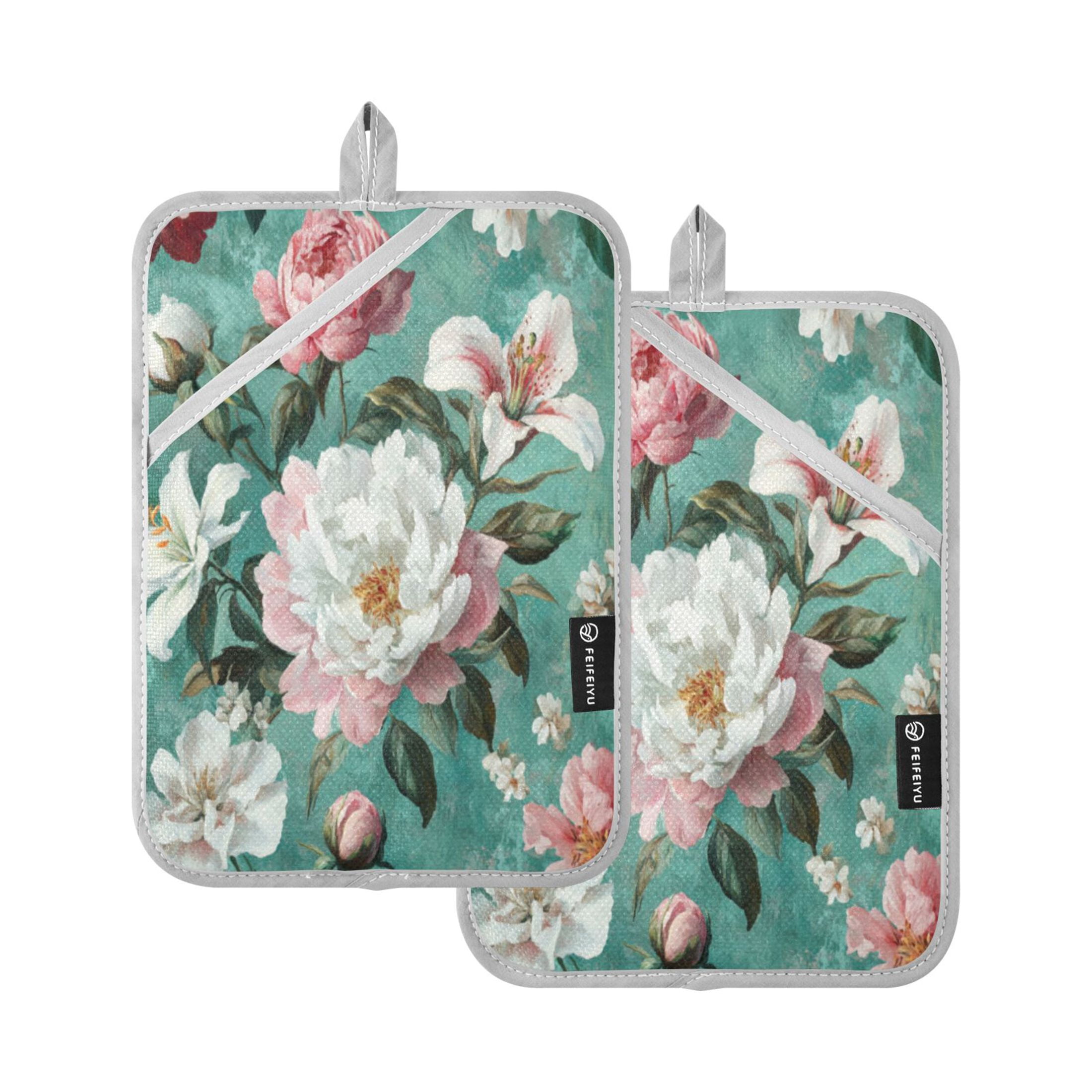 Qxltty Rococo Florals Oven Mitts 2-Pack Heat Resistant Quilted Oven ...