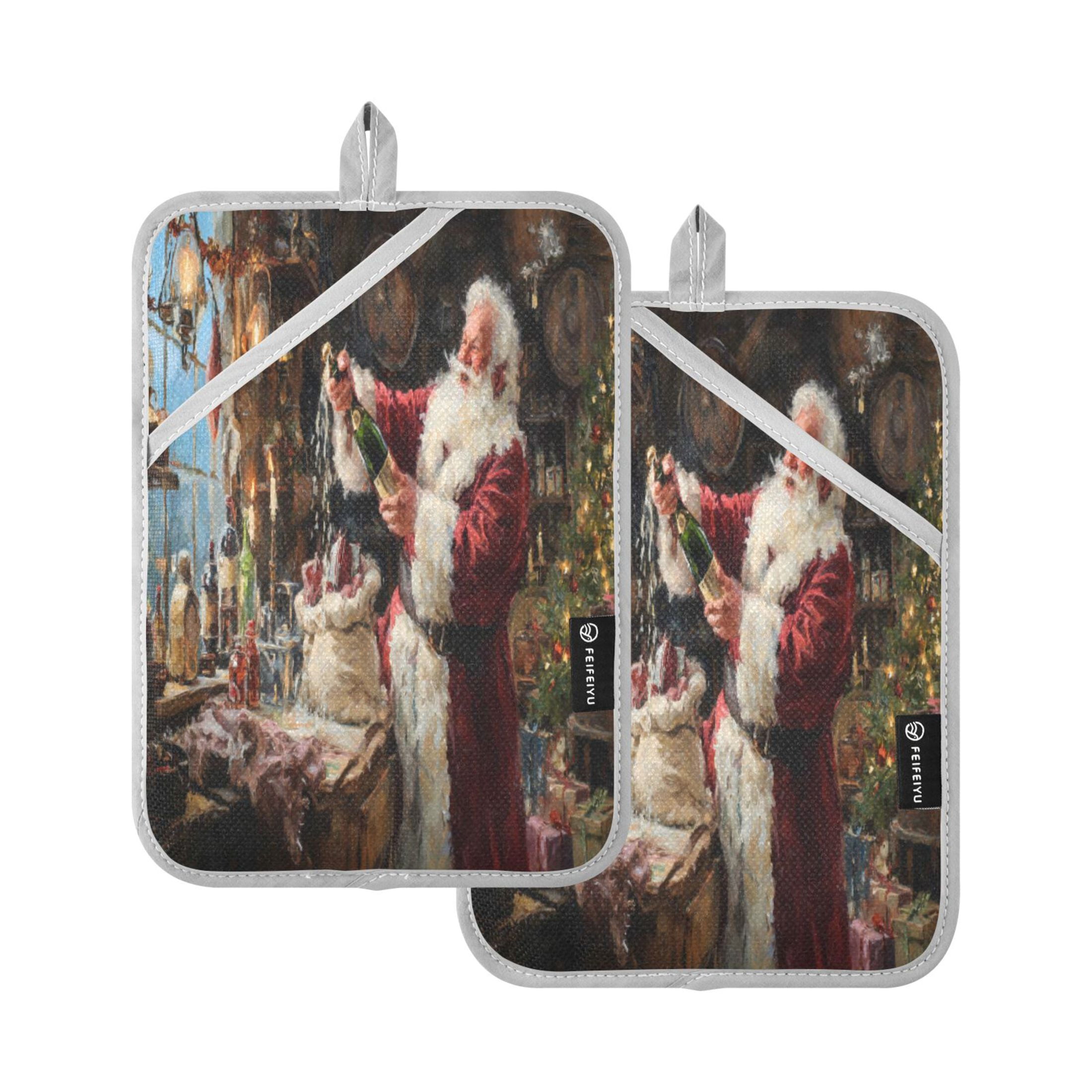 Qxltty Santa Opens Champagne Oven Mitts 2-Pack Heat Resistant Quilted ...