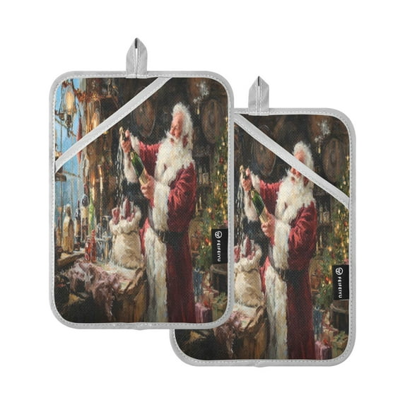 Qxltty Santa Opens Champagne Oven Mitts 2-Pack Heat Resistant Quilted ...