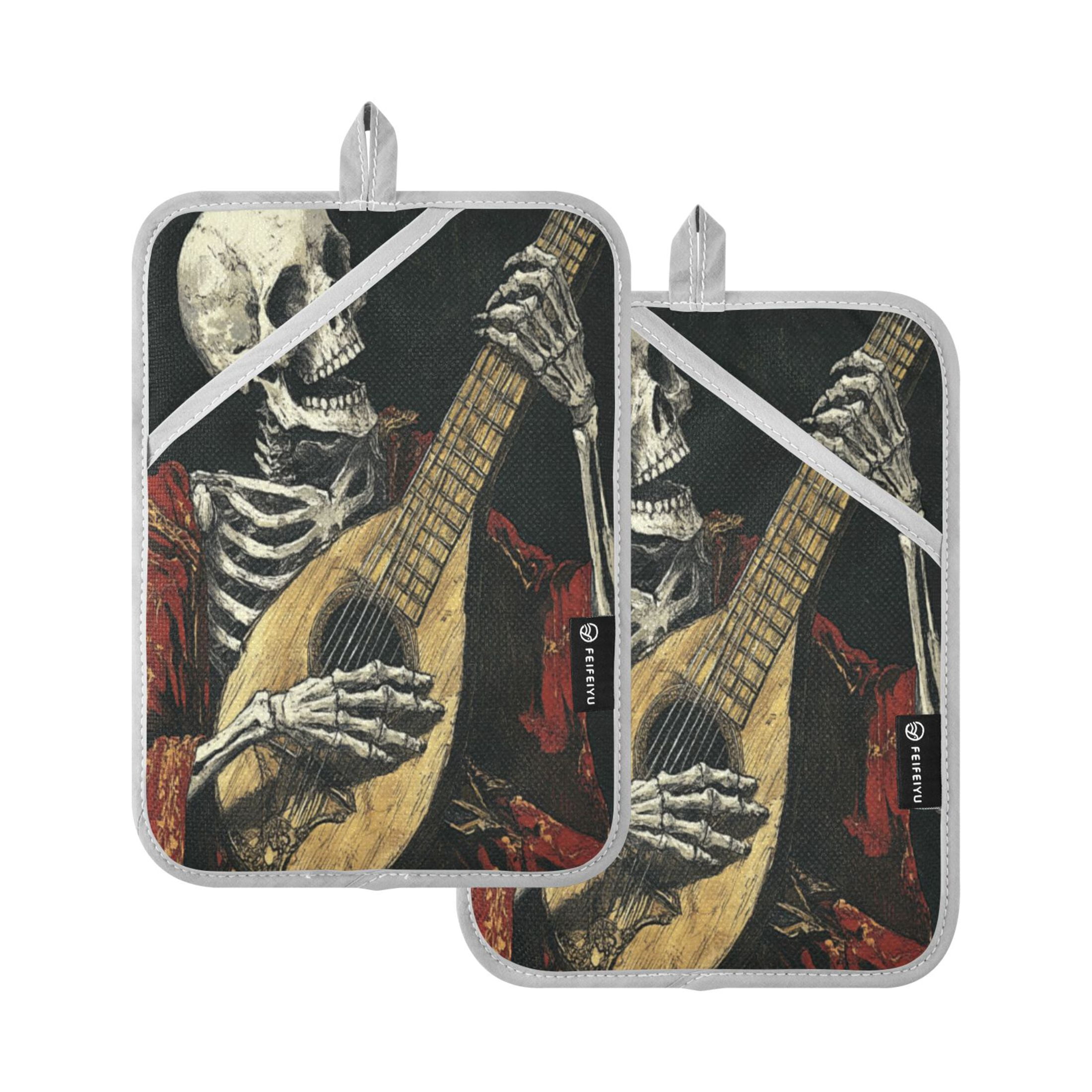Qxltty Skeleton Playing The Lute Oven Mitts 2-Pack Heat Resistant ...