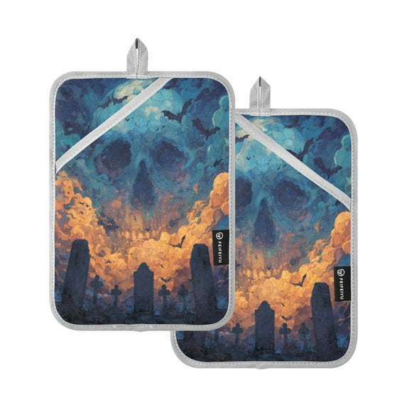 Qxltty Skull Cemetery Oven Mitts 2-Pack Heat Resistant Quilted Oven ...