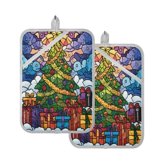Qxltty Stained Glass Christmas Tree Oven Mitts 2-Pack Heat Resistant ...