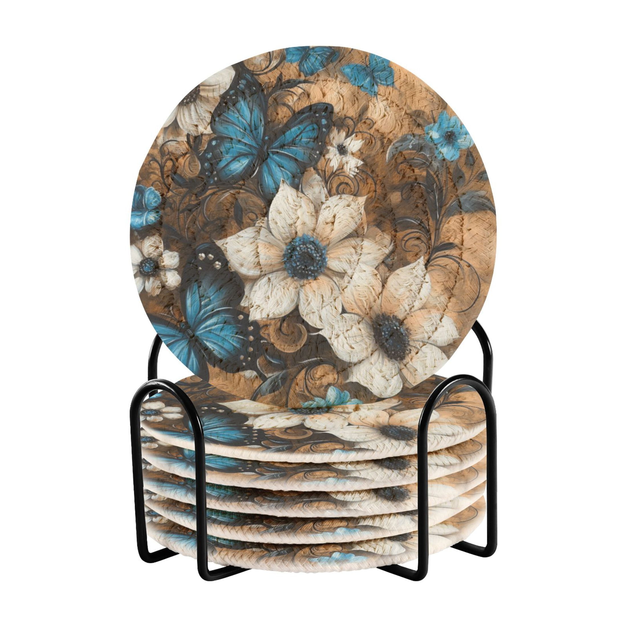 Qxltty Stunning Floral Drink Coasters with Holder 6pcs Handmade Woven ...