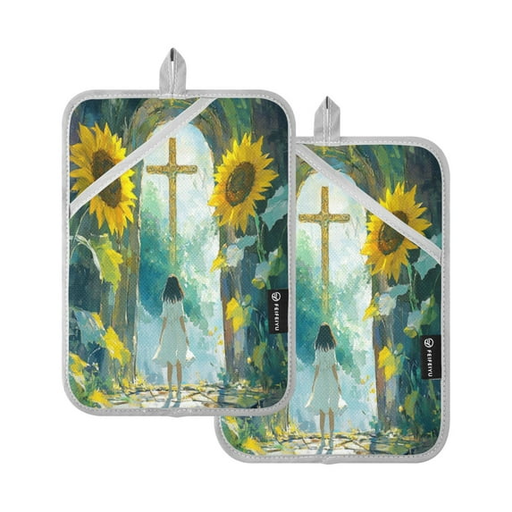 Qxltty Sunflower Gate Oven Mitts 2-Pack Heat Resistant Quilted Oven ...