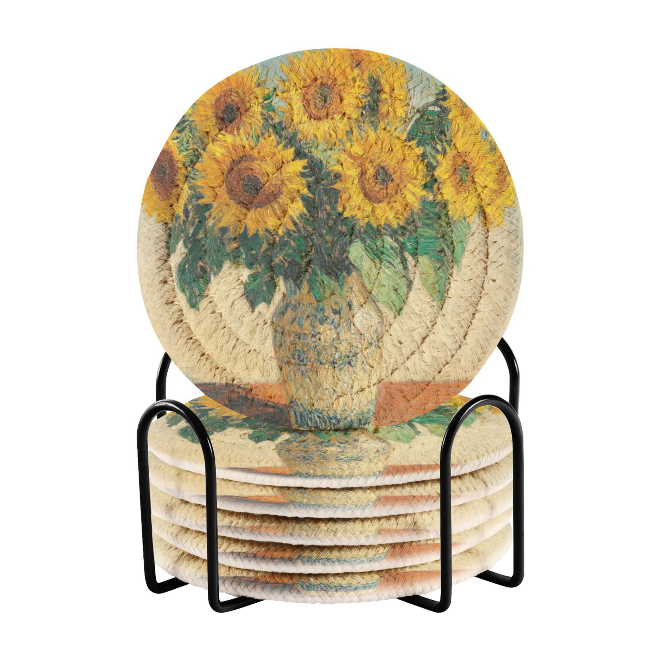 Qxltty Sunflower Potted Plant Drink Coasters with Holder 6pcs Handmade ...