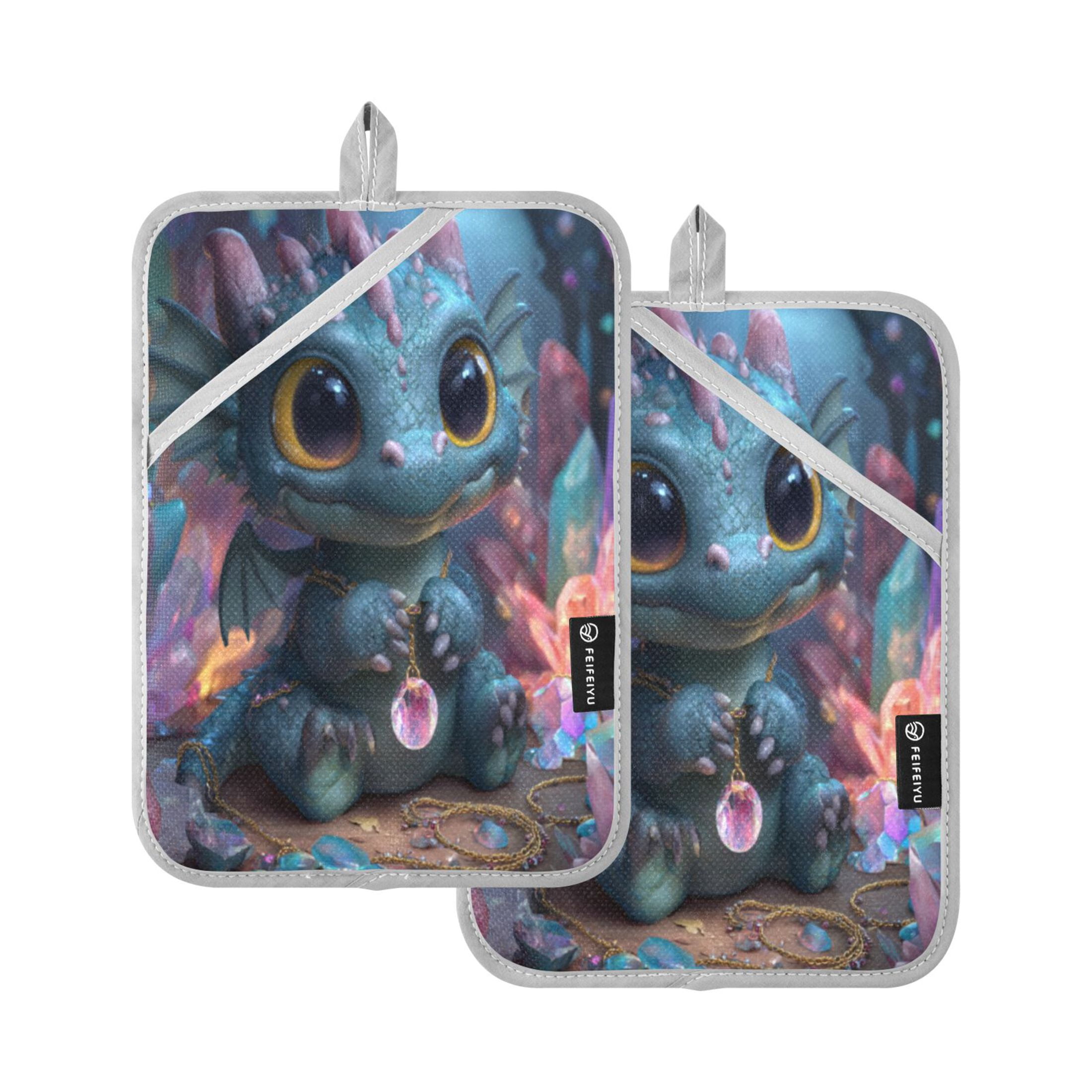 Qxltty Super Cute Dragon Oven Mitts 2-Pack Heat Resistant Quilted Oven ...