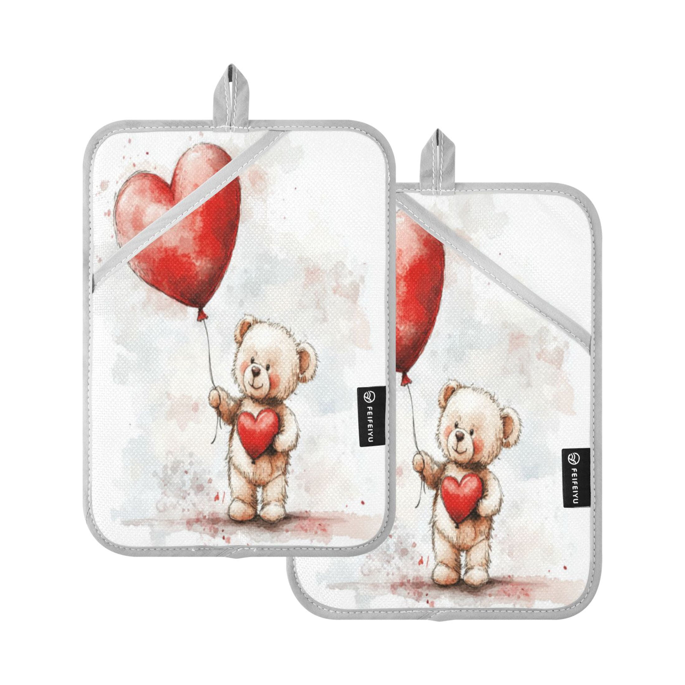 Qxltty Teddy Bear Holding A Balloon Oven Mitts 2-Pack Heat Resistant ...