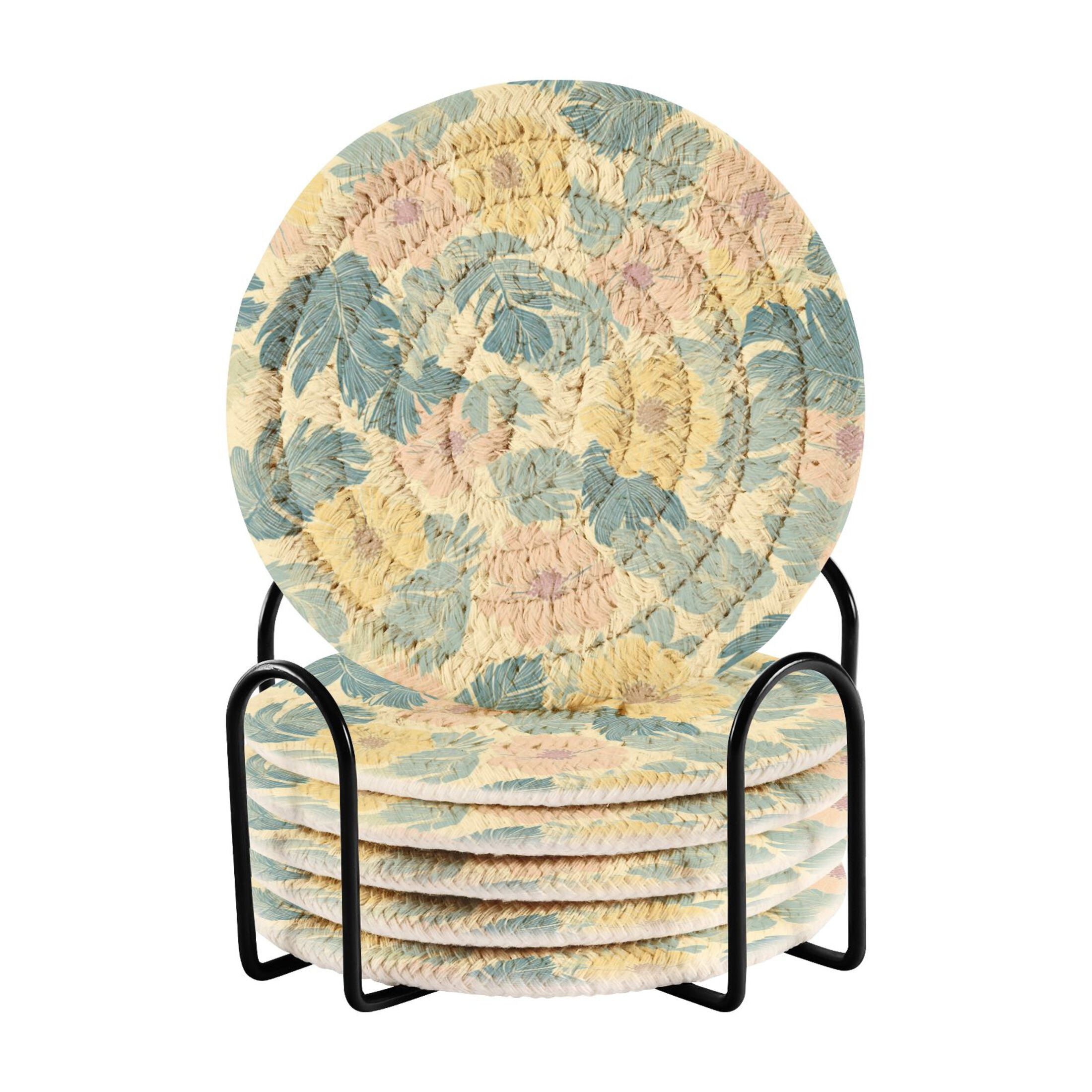 Qxltty Tropical Flowers Drink Coasters with Holder 6pcs Handmade Woven ...