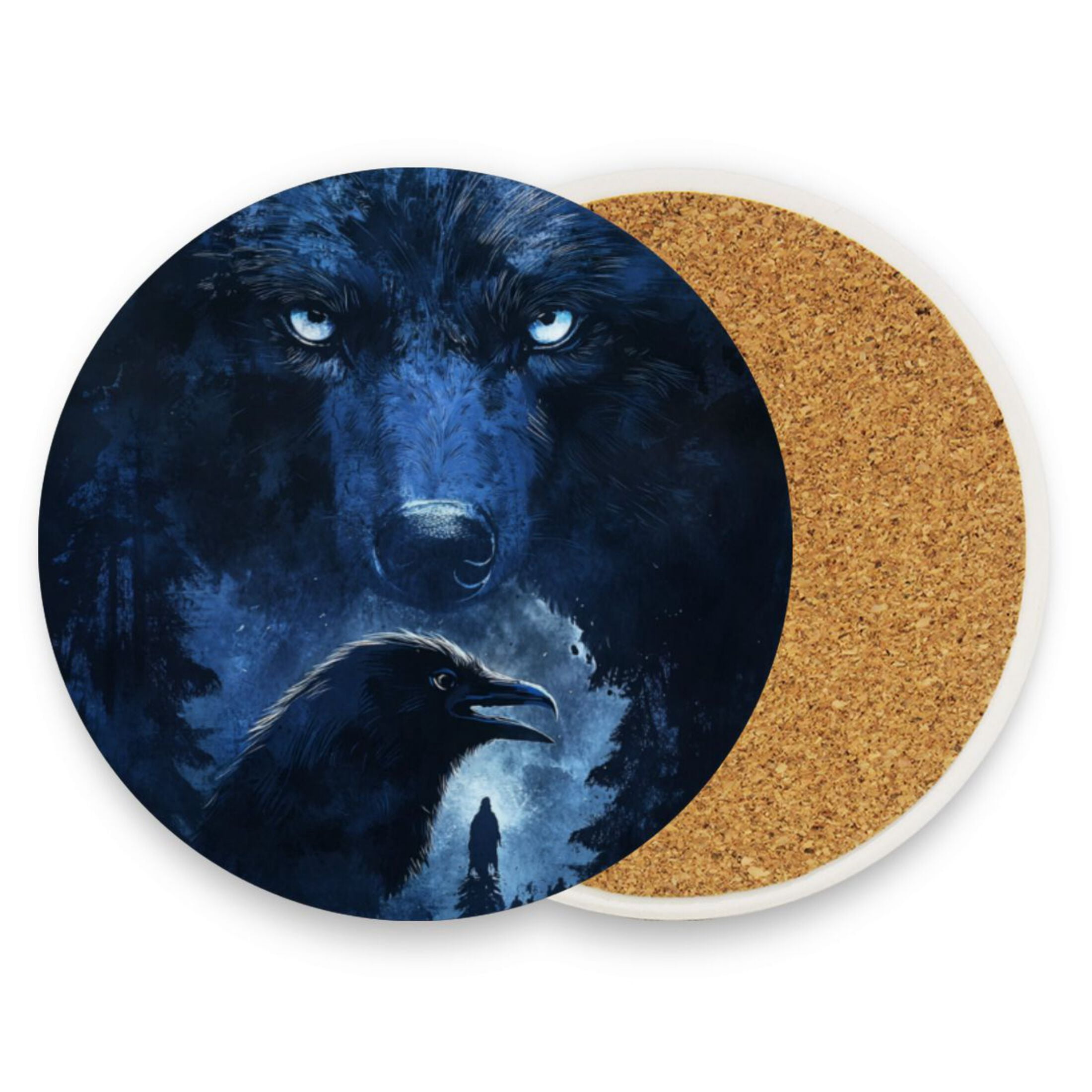 Qxltty Two Pcs Drink Coasters Raven Wolf in The Moonlight Ceramic Round ...