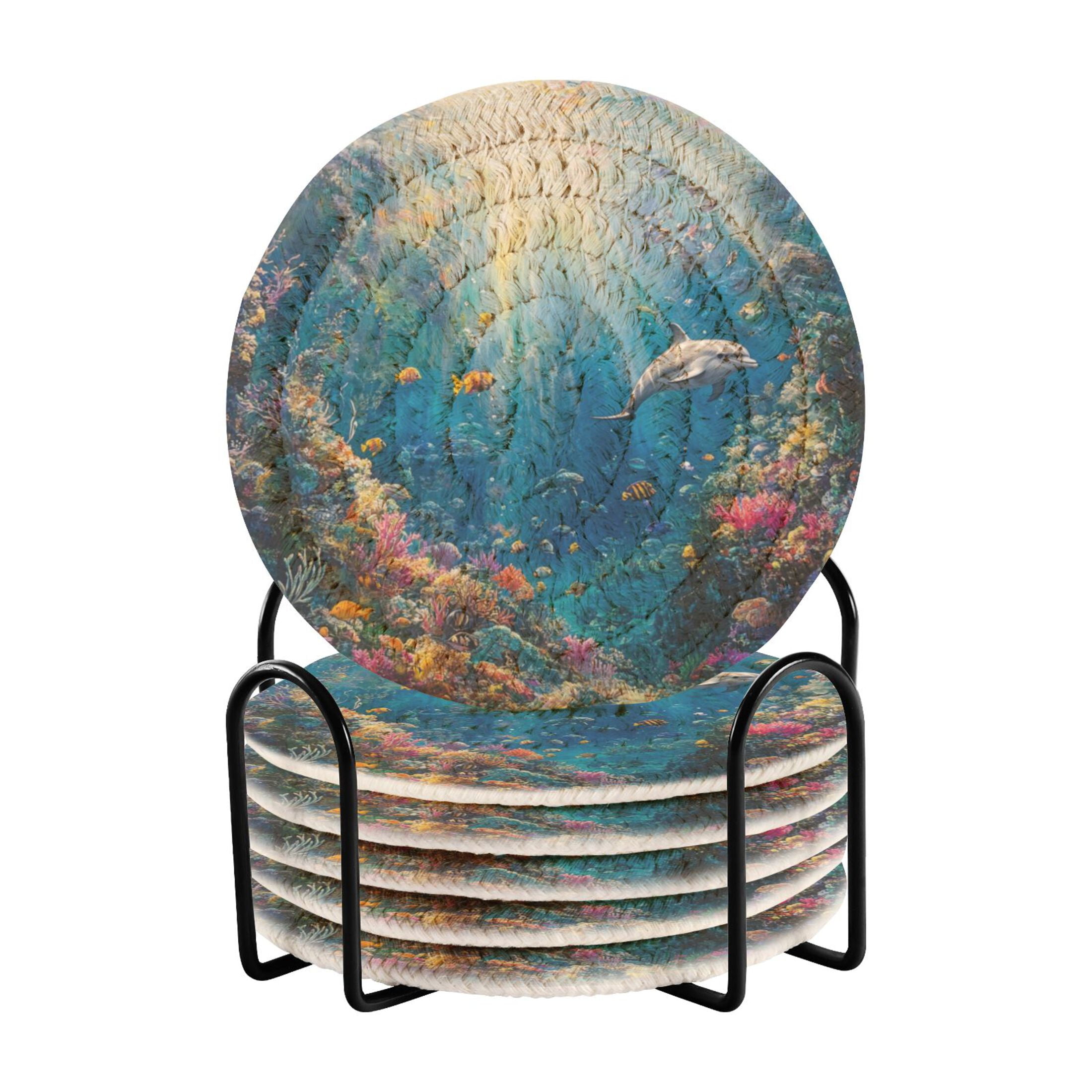 Qxltty Underwater World Drink Coasters with Holder 6pcs Handmade Woven ...