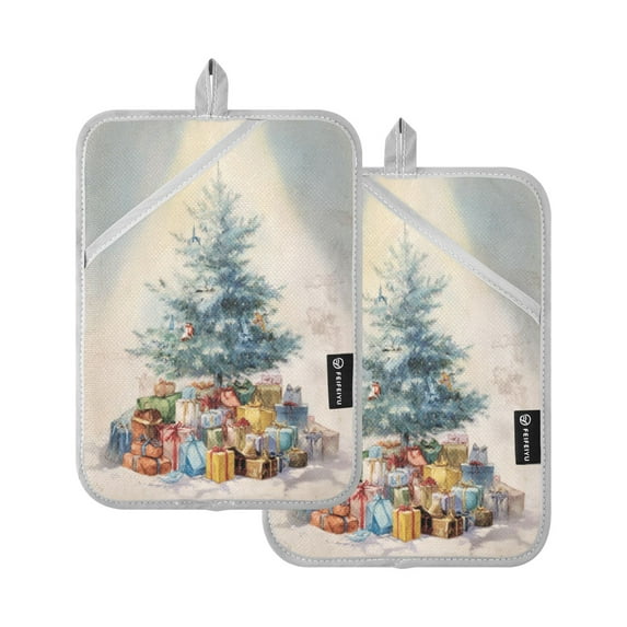 Qxltty Vintage Christmas Tree Oven Mitts 2-Pack Heat Resistant Quilted ...