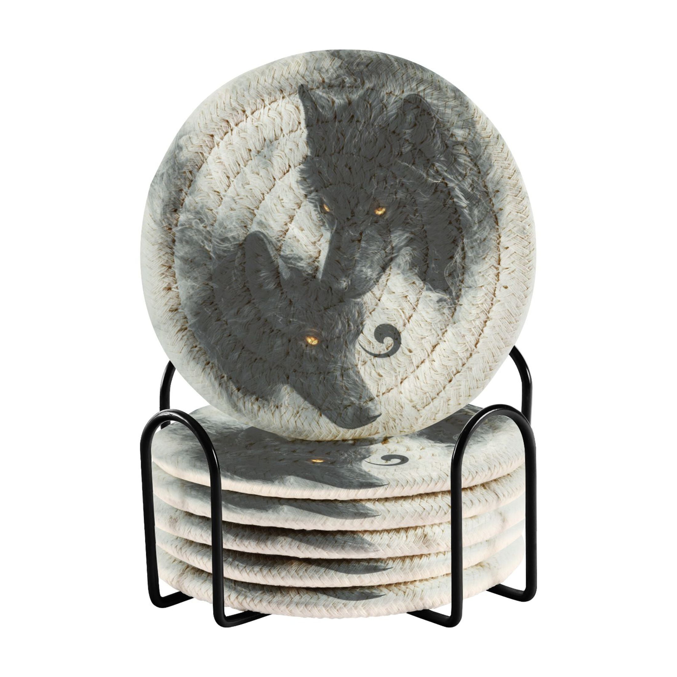 Qxltty Watercolor Style Black Wolf Drink Coasters with Holder 6pcs ...