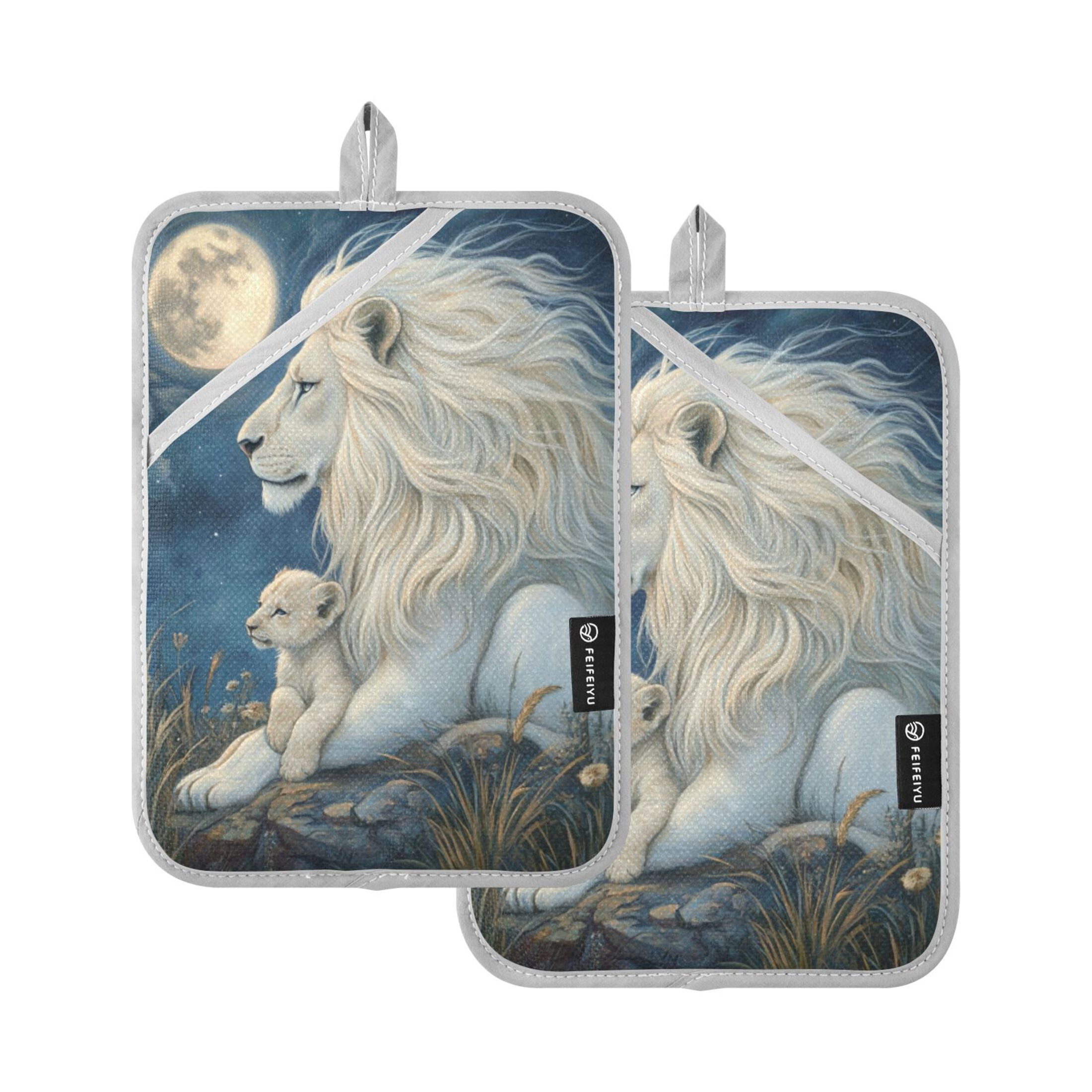 Qxltty White Maned Lion Oven Mitts 2-Pack Heat Resistant Quilted Oven ...