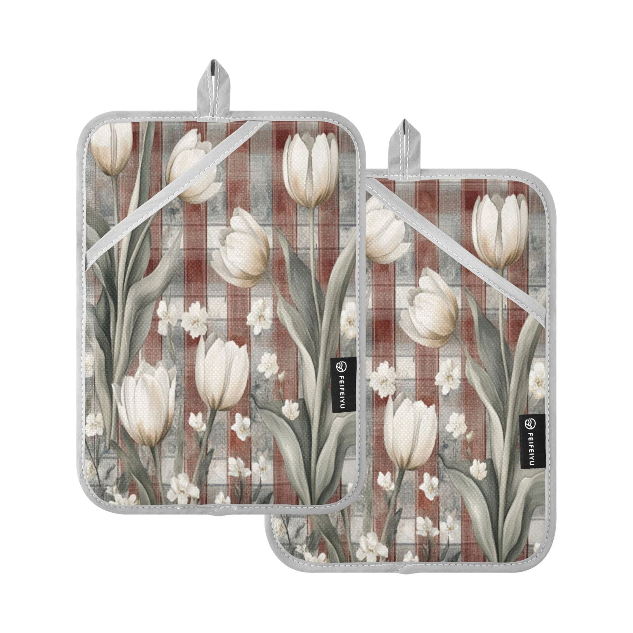 Qxltty White Tulip Flowers Oven Mitts 2-Pack Heat Resistant Quilted ...